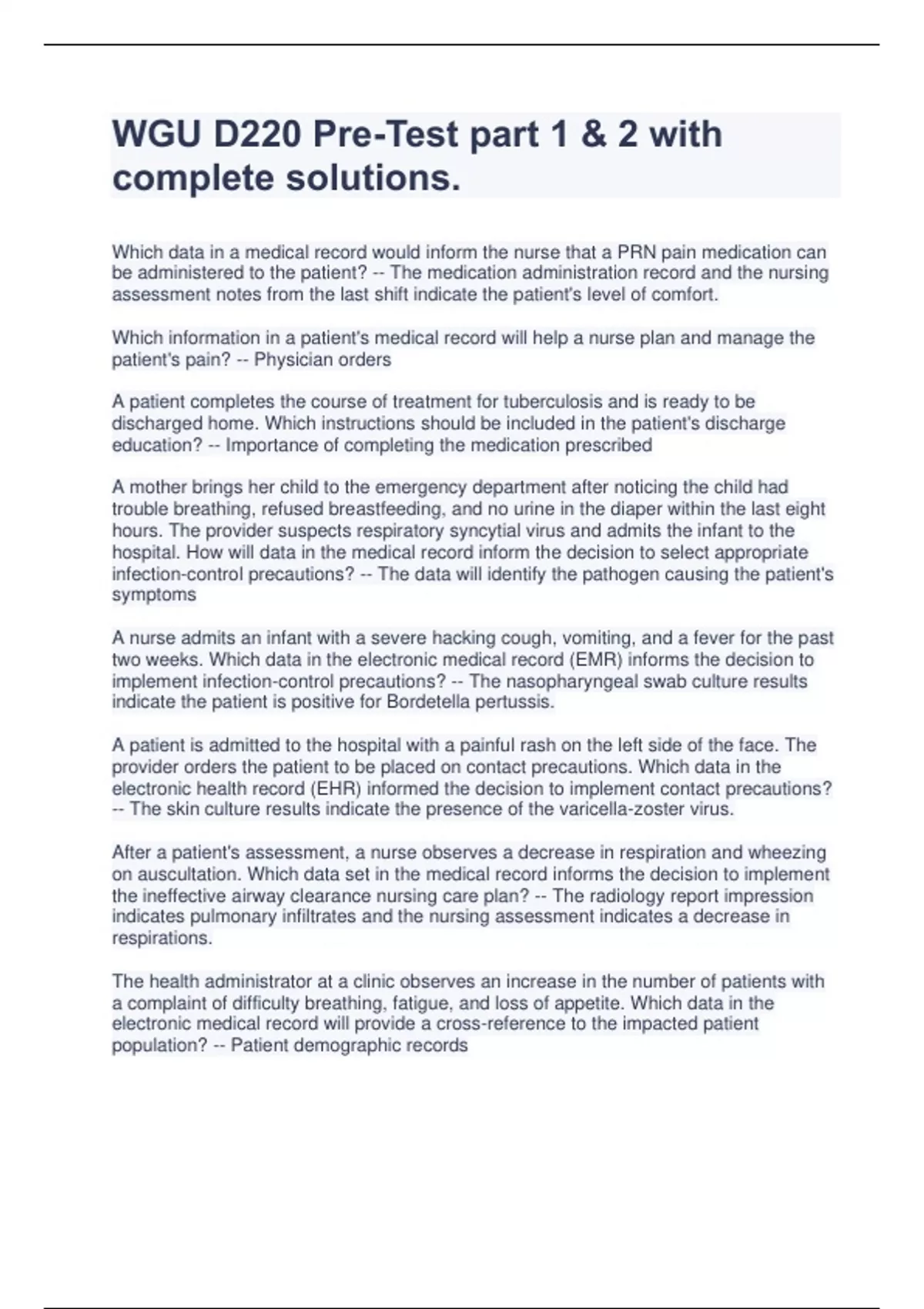 WGU D220 Pre-Test part 1 & 2 with complete solutions | Latest 2023/2024 ...