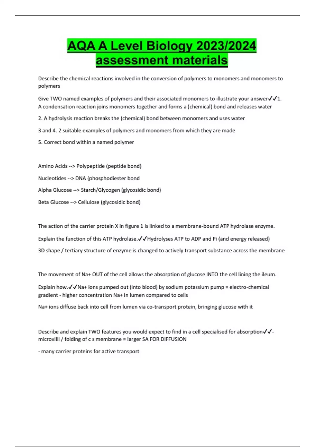 AQA A Level Biology 2021 assessment materials - Biological Molecules ...