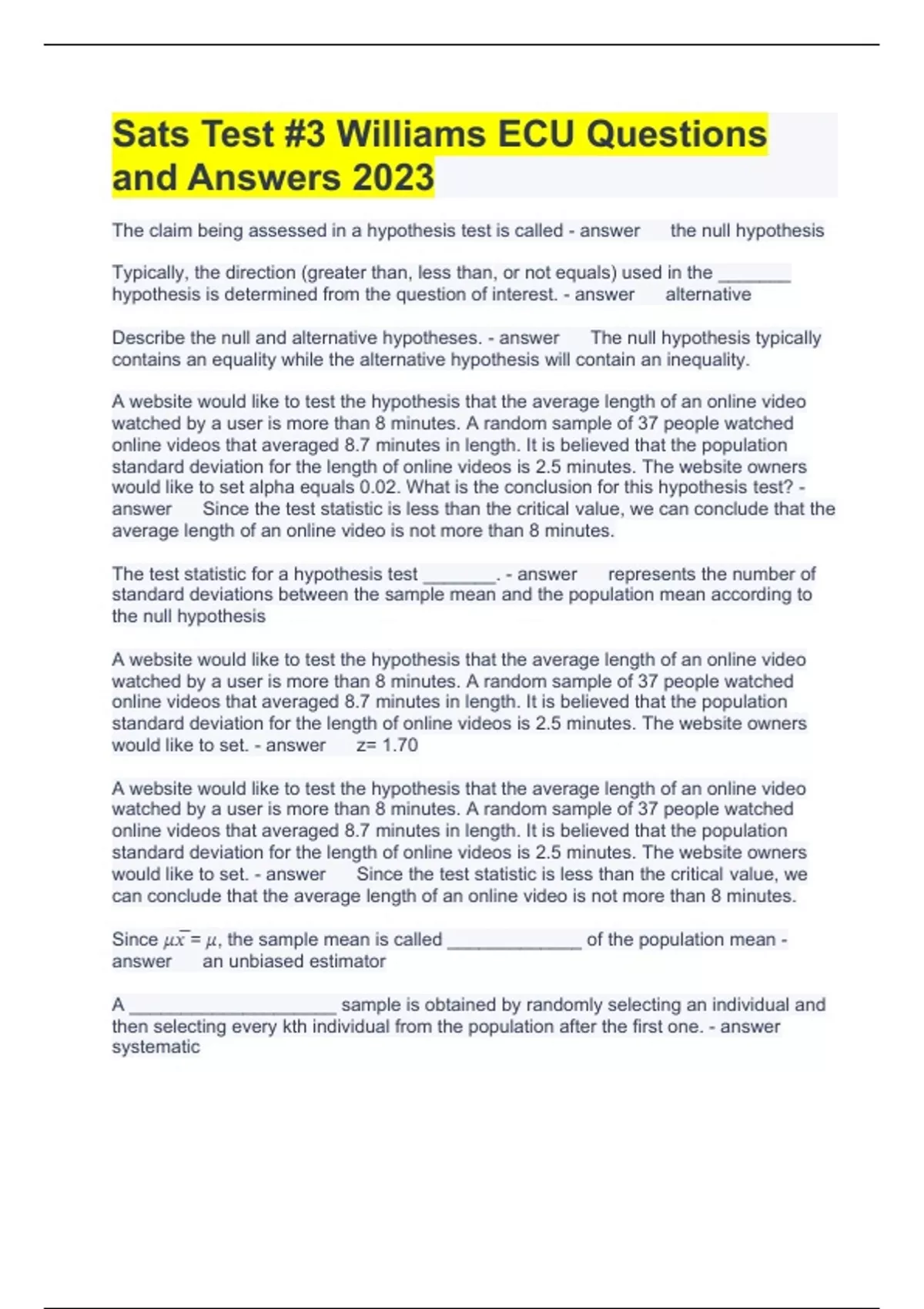 Sats Test #3 Williams ECU Questions and Answers 2023 - Tina williams ...