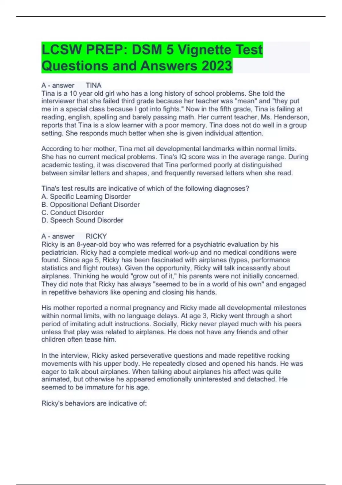 LCSW PREP: DSM 5 Vignette Test Questions and Answers 2023 - Tina ...