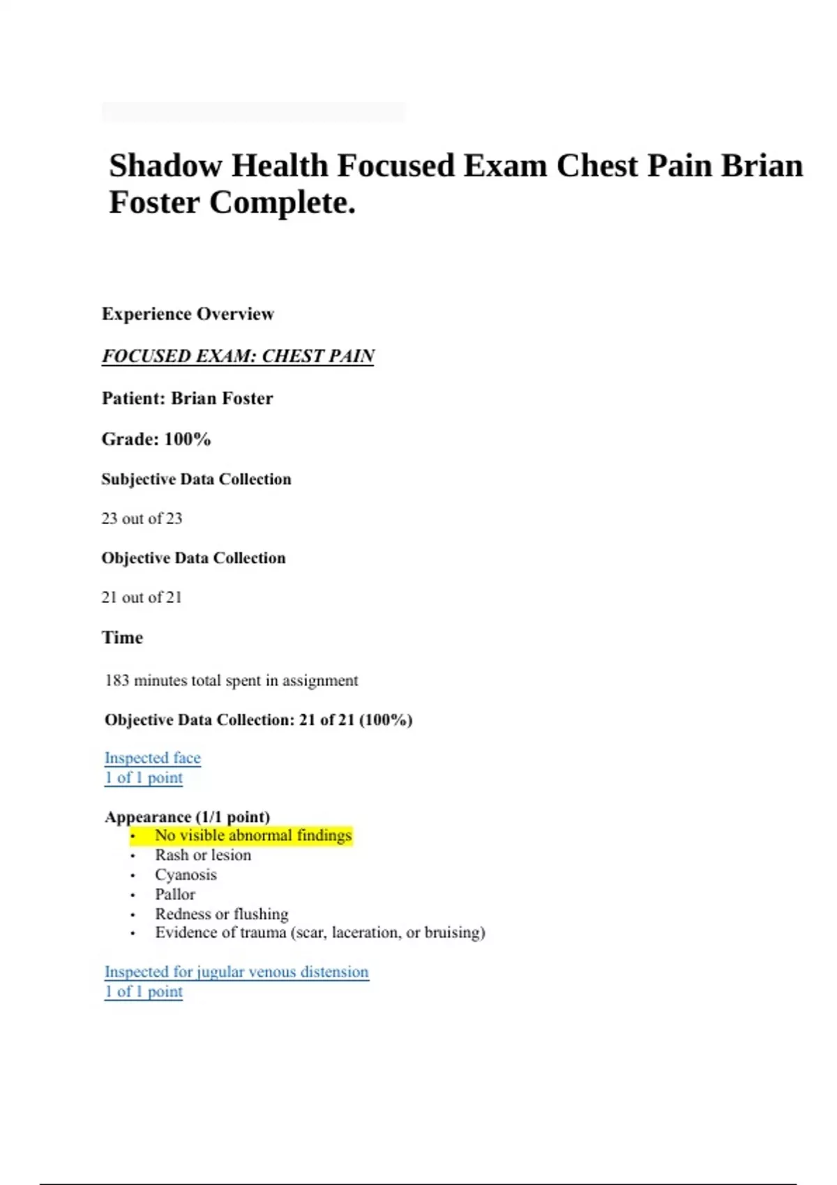 Shadow Health Focused Exam Chest Pain Brian Foster Complete. - Shadow ...