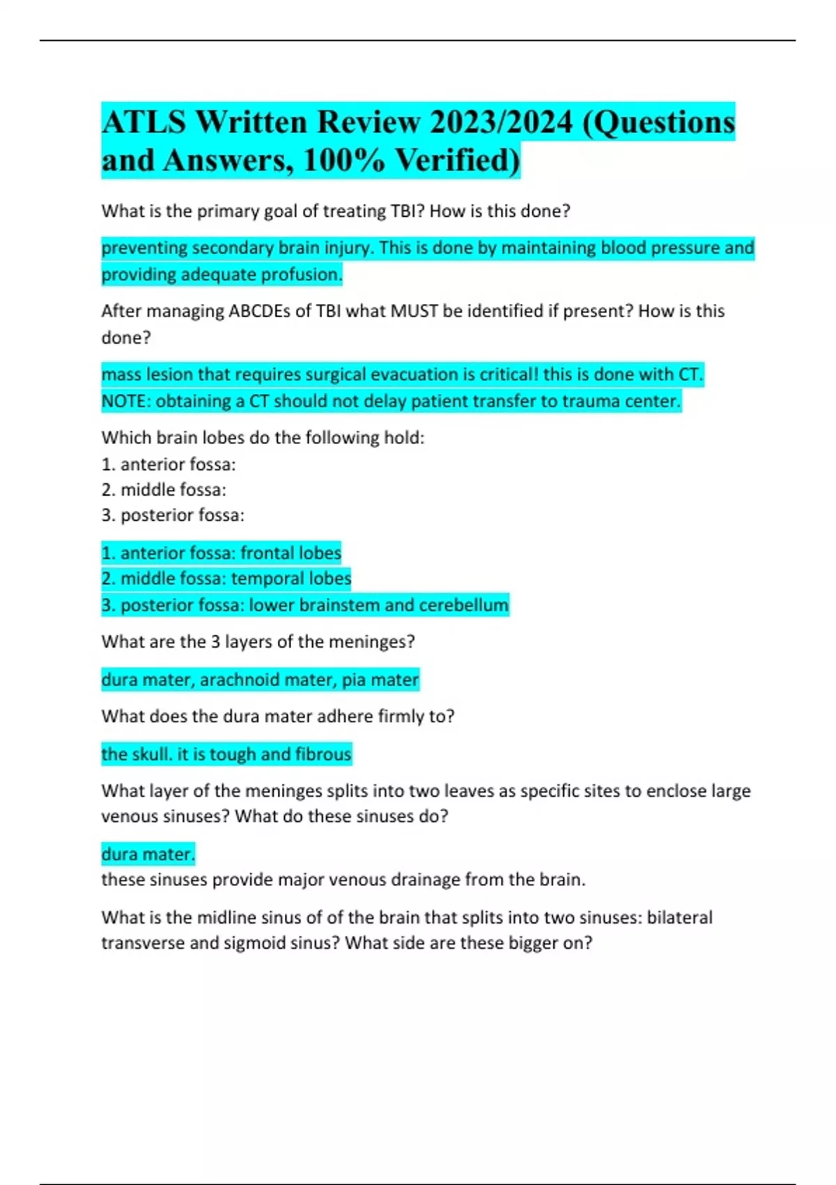 ATLS Written Review 2023/2024 (Questions and Answers, 100% Verified ...