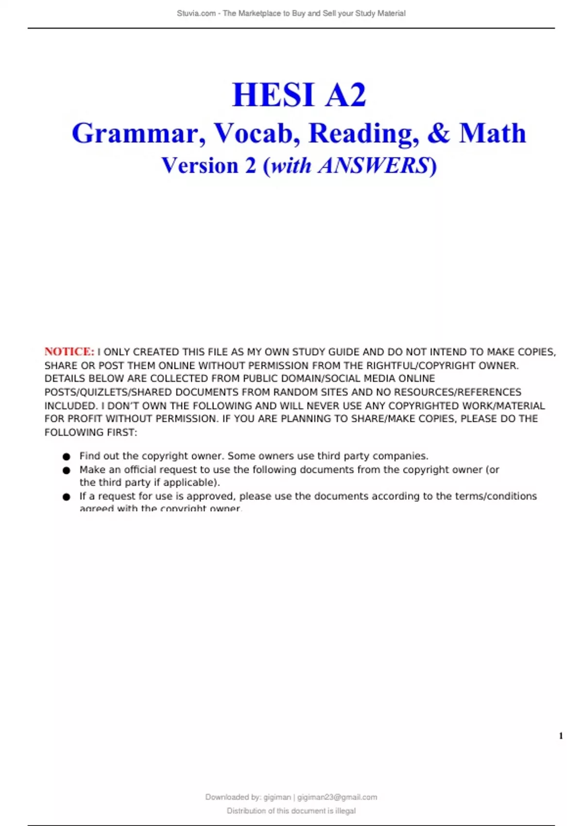 HESI A2 Grammar, Vocab, Reading, & Math Version 2 (with ANSWERS)LATEST ...