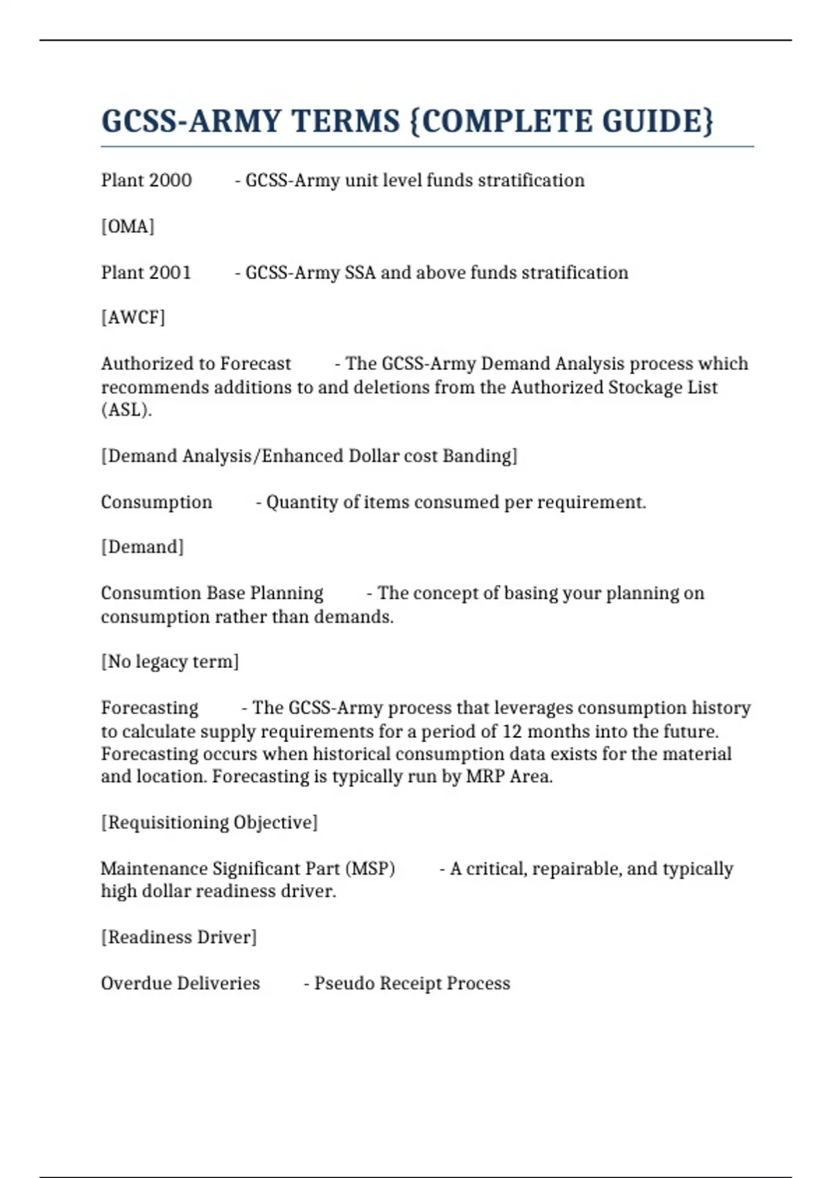 GCSS-ARMY TERMS {COMPLETE GUIDE} - GCSS-ARMY TERMS - Stuvia US