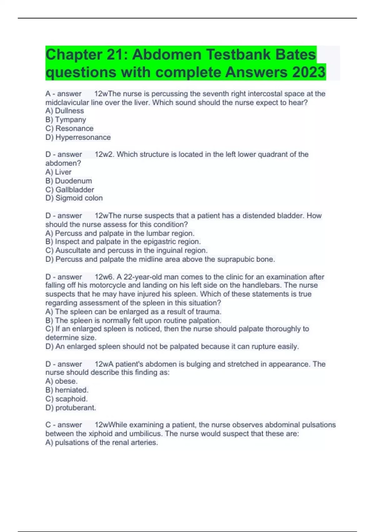 Chapter 21: Abdomen Testbank Bates questions with complete Answers 2023 ...