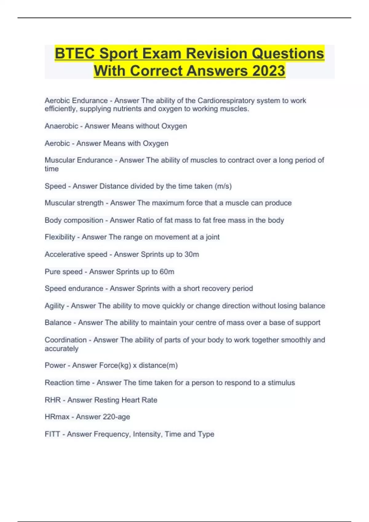 BTEC Sport Exam Revision Questions With Correct Answers 2023 - BTEC ...