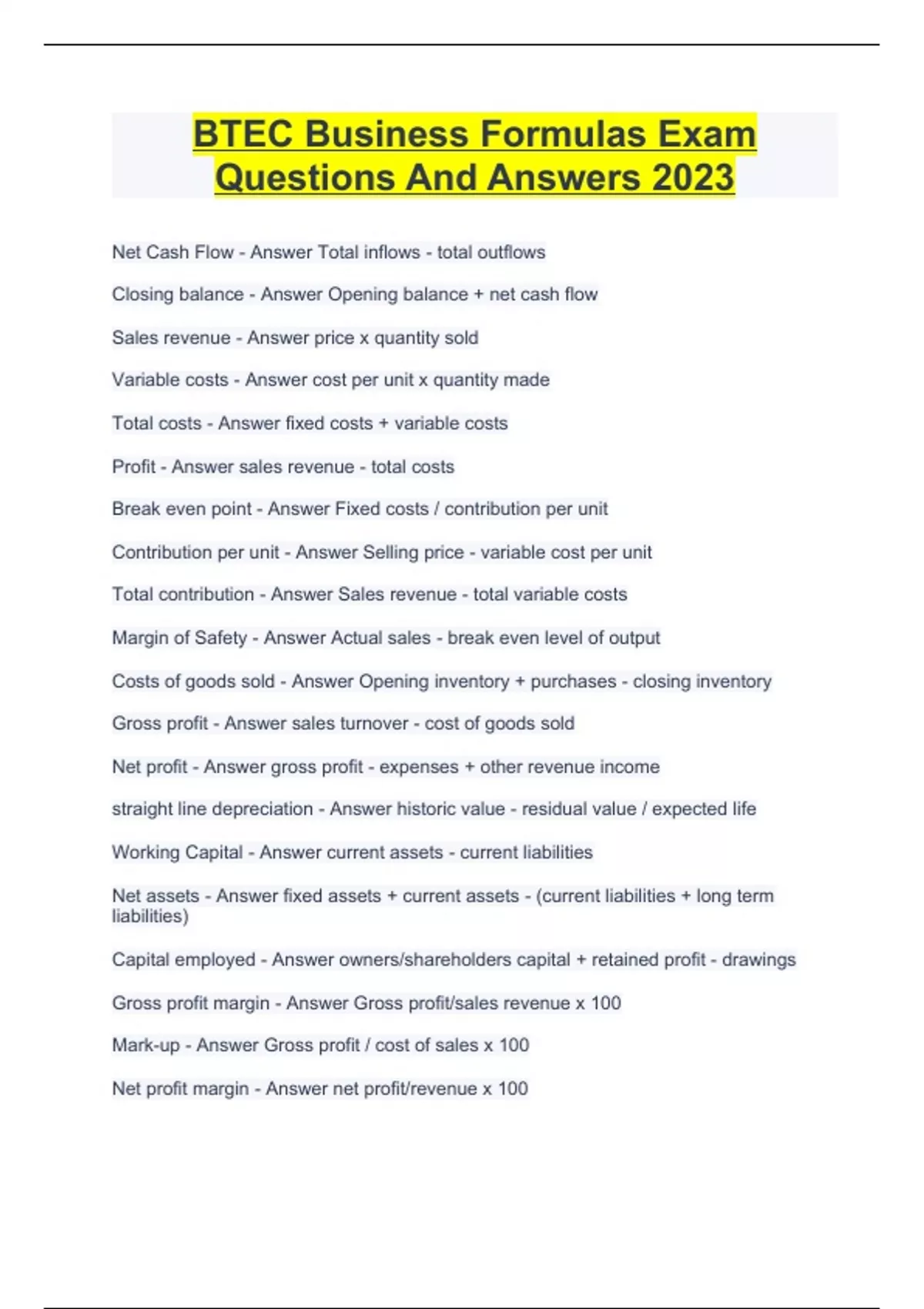 BTEC Business Formulas Exam Questions And Answers 2023 - BTEC - Stuvia US