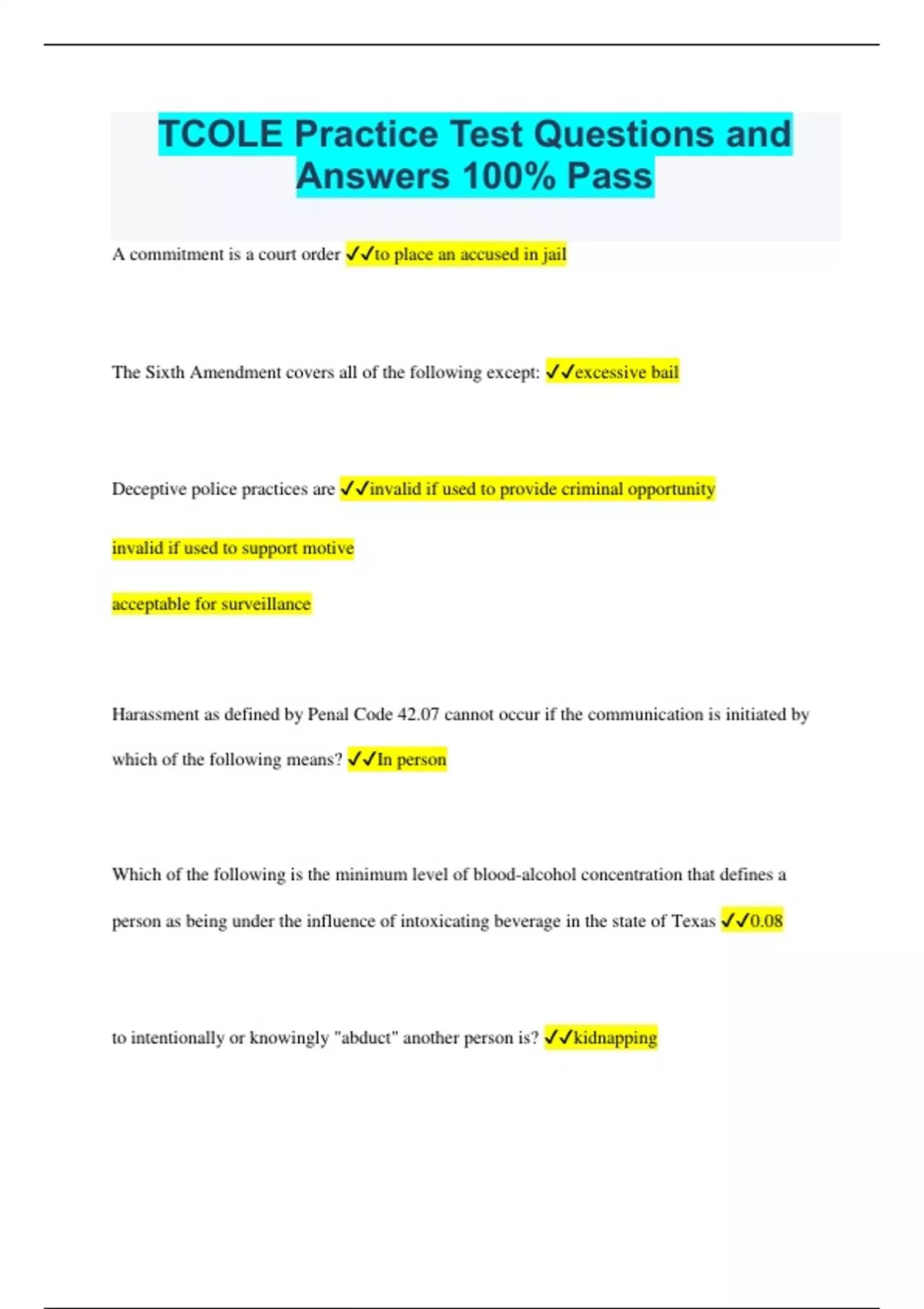 TCOLE Practice Test Questions and Answers 100% Pass - TCOLE - Stuvia US