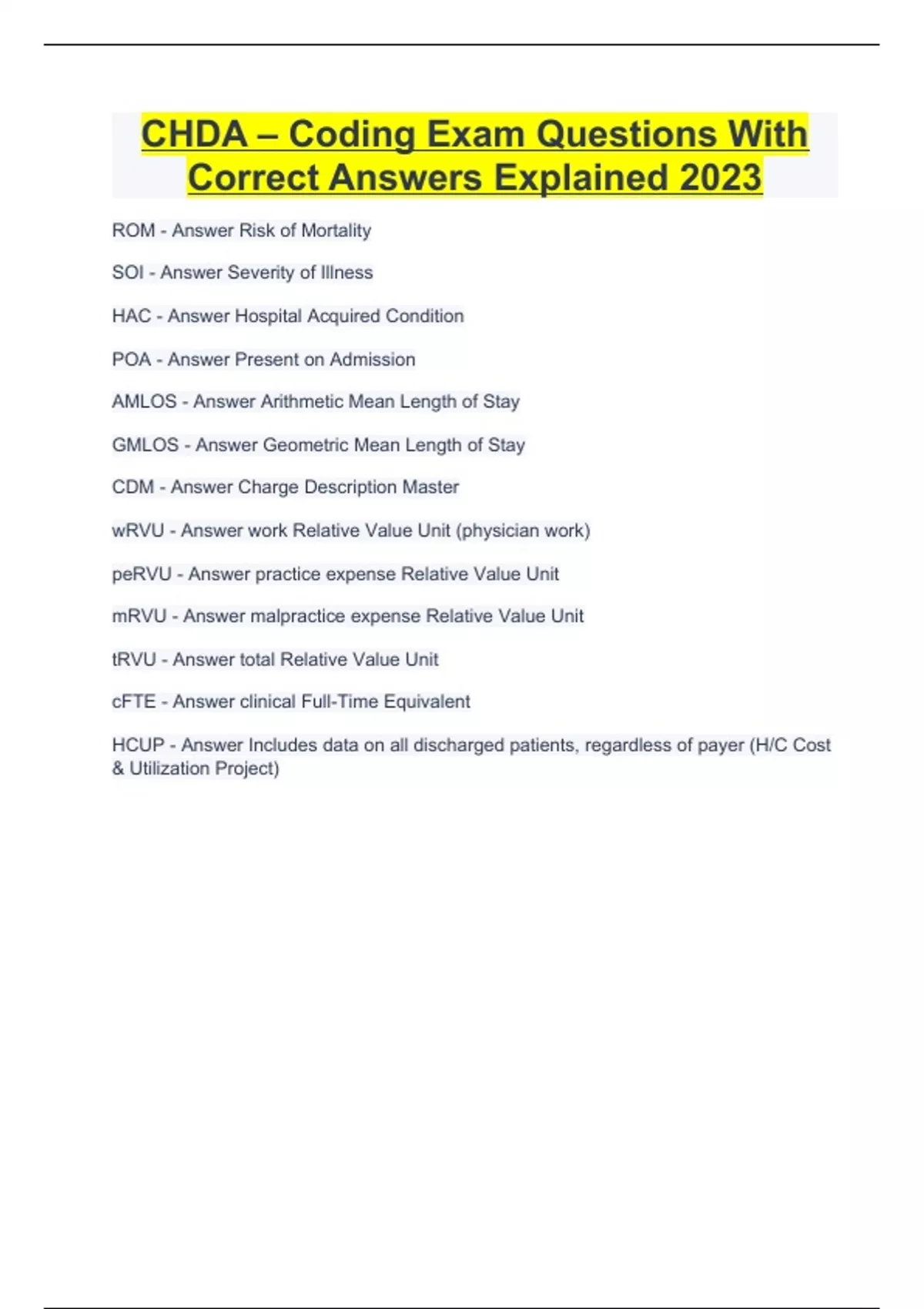 CHDA – Coding Exam Questions With Correct Answers Explained 2023 - CHDA ...