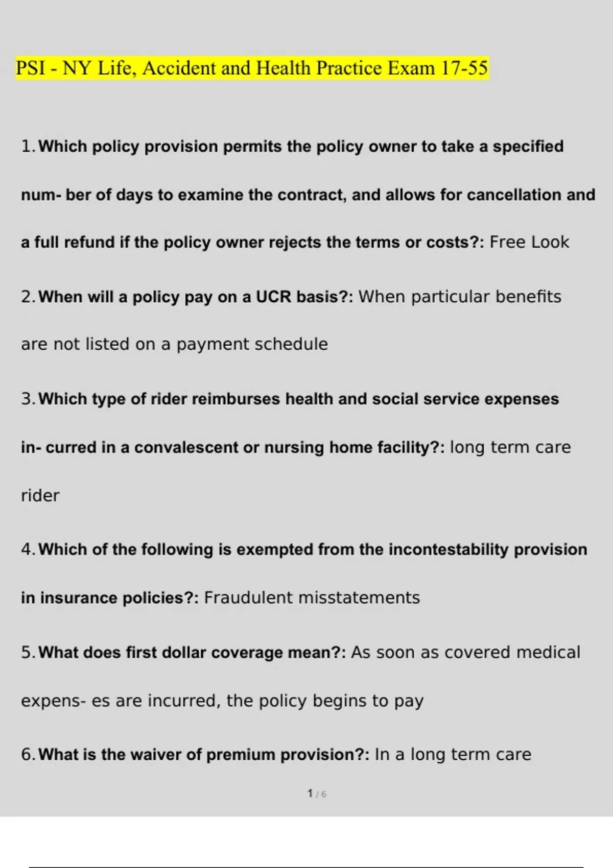 PSI - NY Life, Accident and Health Practice Exam 17-55 Exam 2025 ...