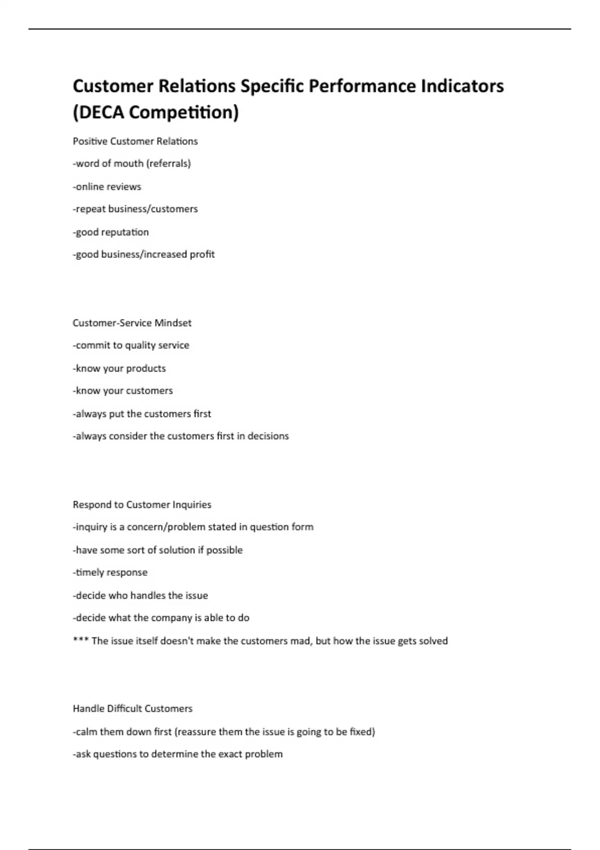 Customer Relations Specific Performance Indicators (DECA Competition ...