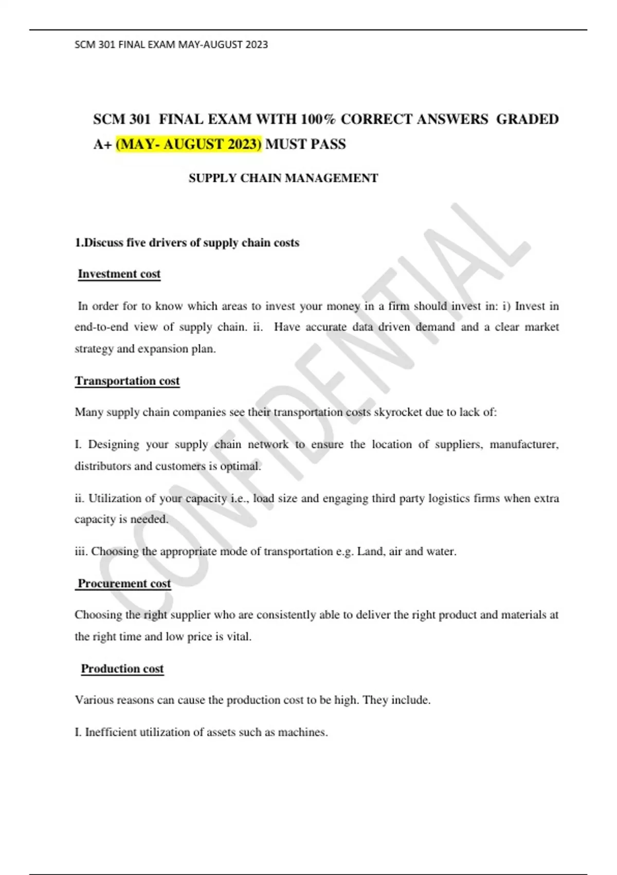 SCM 301 FINAL EXAM WITH 100% CORRECT ANSWERS GRADED A+ (MAY- AUGUST 2023) MUST PASS - SCM 301 ...