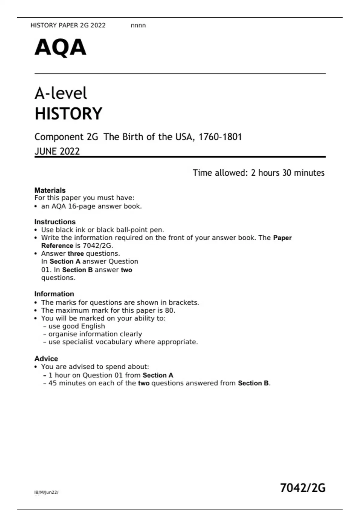 AQA A-level HISTORY Component 2G JUNE 2022 QUESTION PAPER- The Birth of ...