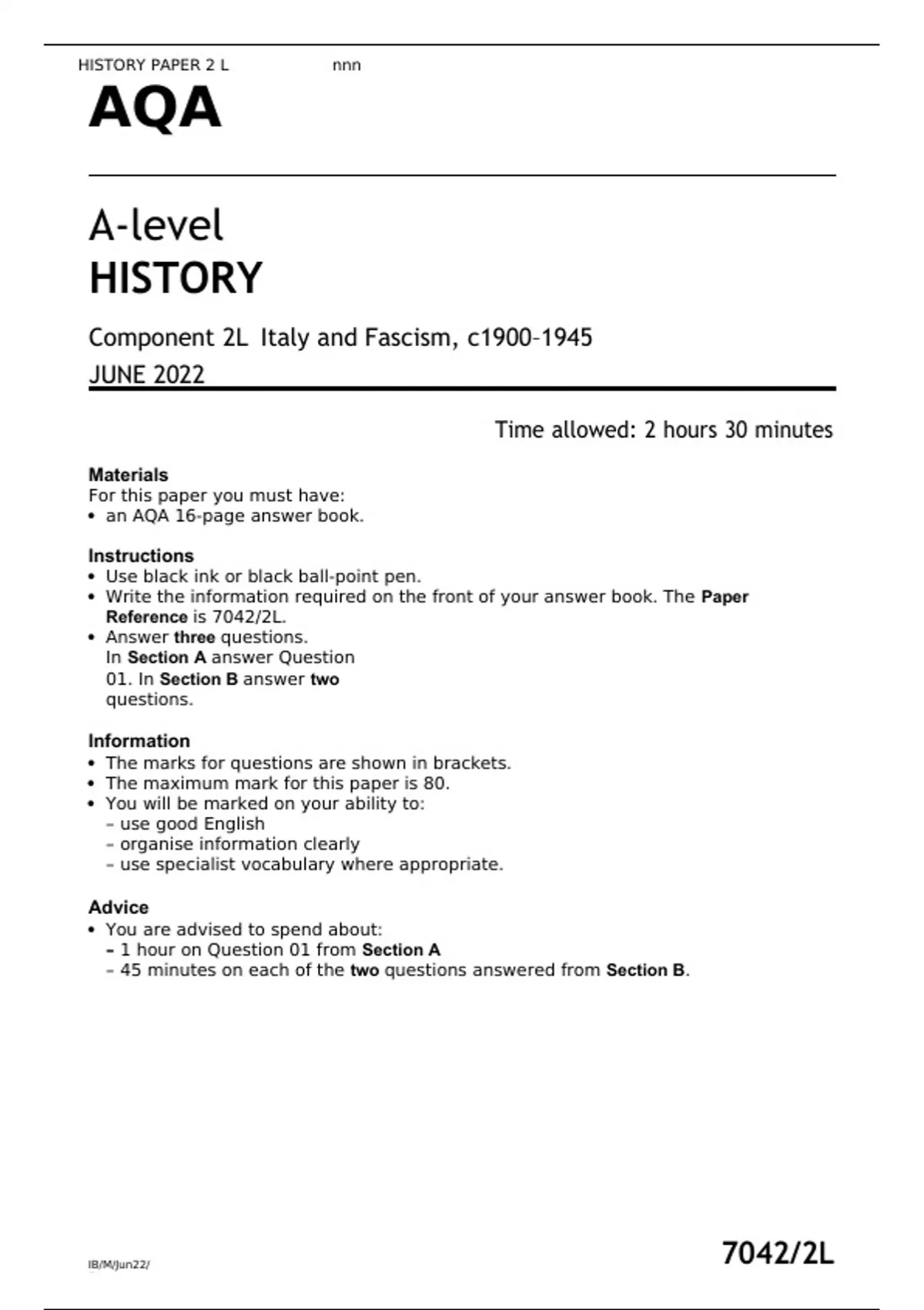 AQA A-level HISTORY Component 2L JUNE 2022 QUESTION PAPER- Italy and ...