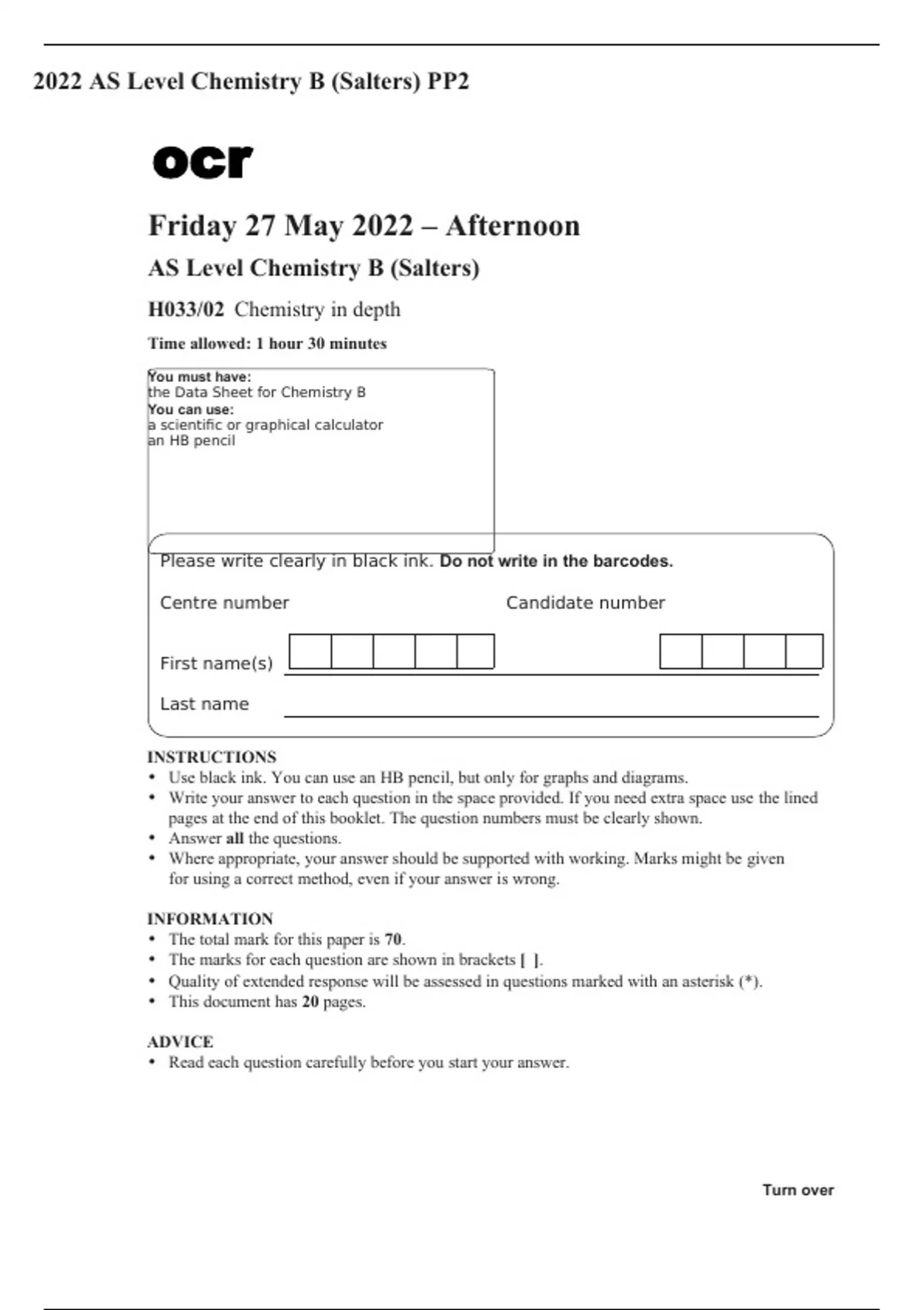 OCR AS Level Chemistry B (Salters) H033/02 Chemistry in depth 2022 QP ...