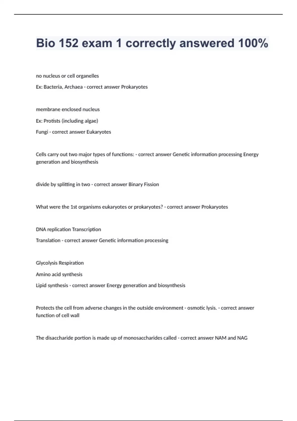Bio 152 exam 1 correctly answered 100% - Bio 152 - Stuvia US