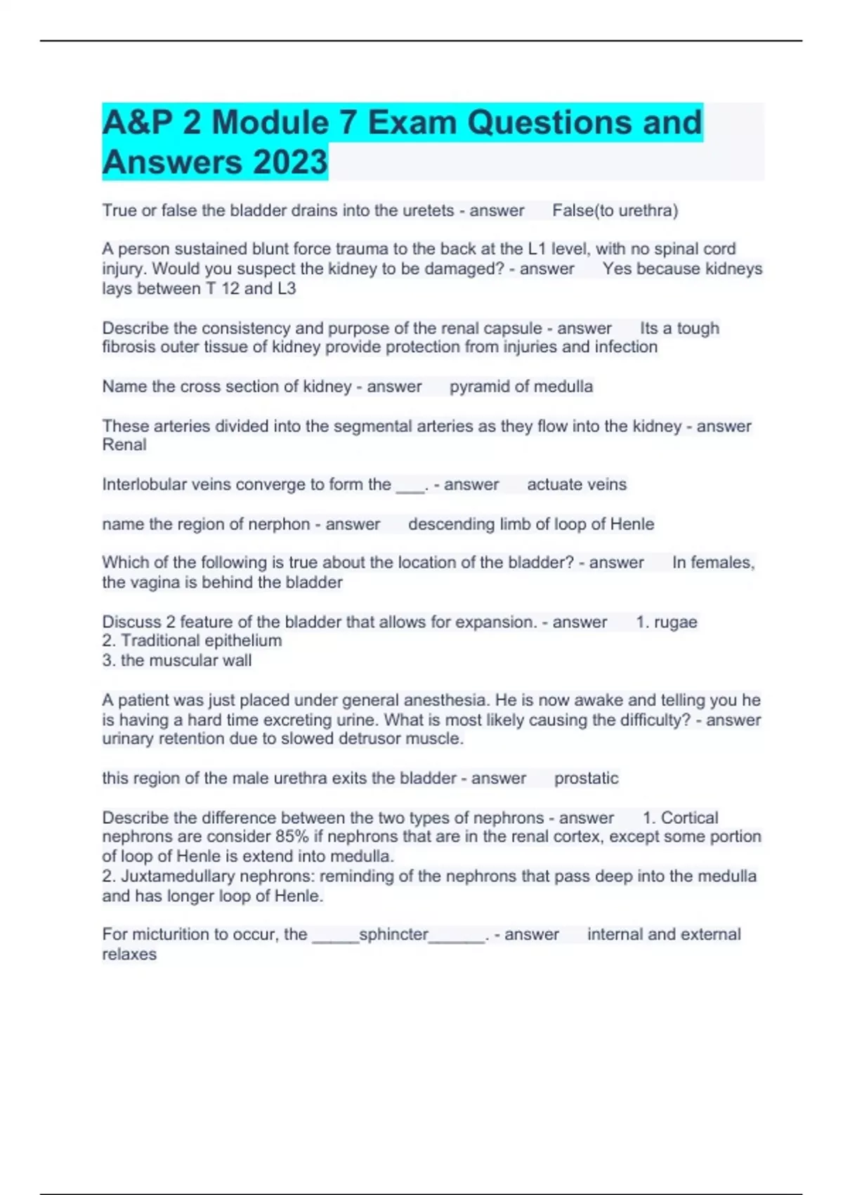 A&P 2 Module 7 Exam Questions and Answers 2023 - BIOD 152 MODULE ...