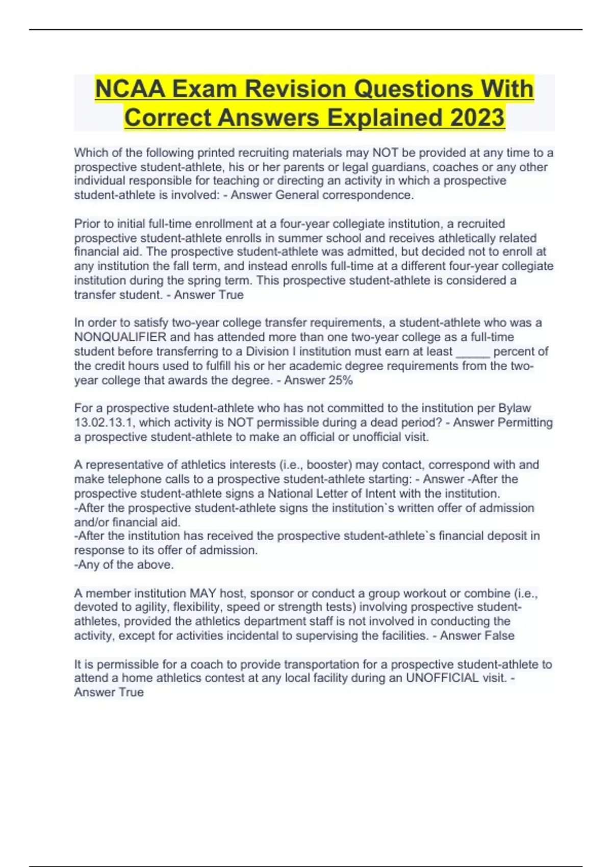 NCAA Exam Revision Questions With Correct Answers Explained 2023 - NCAA ...