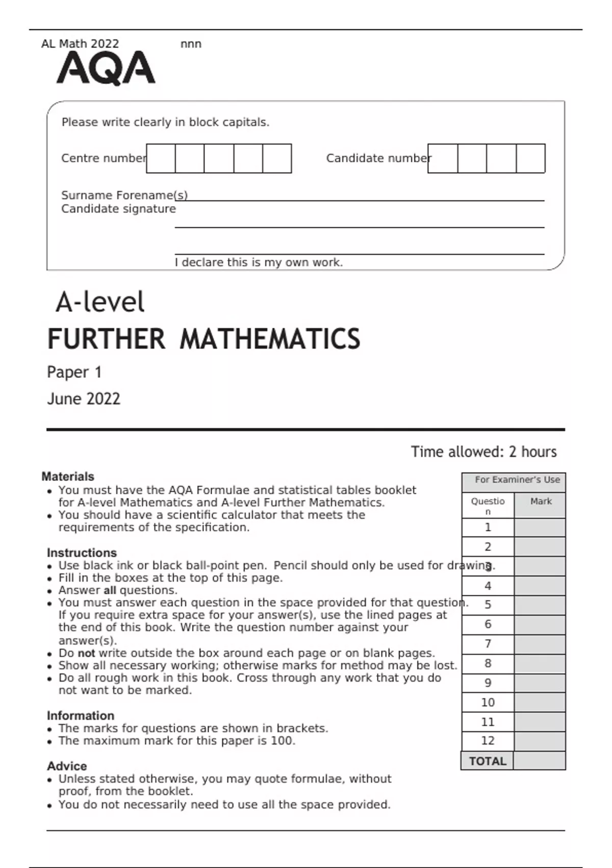AQA A-level FURTHER MATHEMATICS Paper 1 June 2022 QUESTION PAPER - A ...
