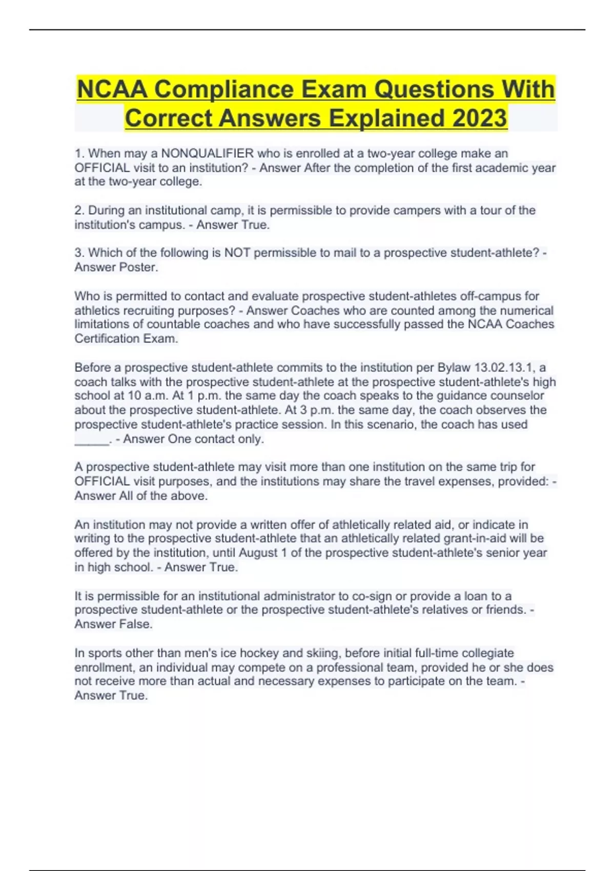 NCAA Compliance Exam Questions With Correct Answers Explained 2023 ...