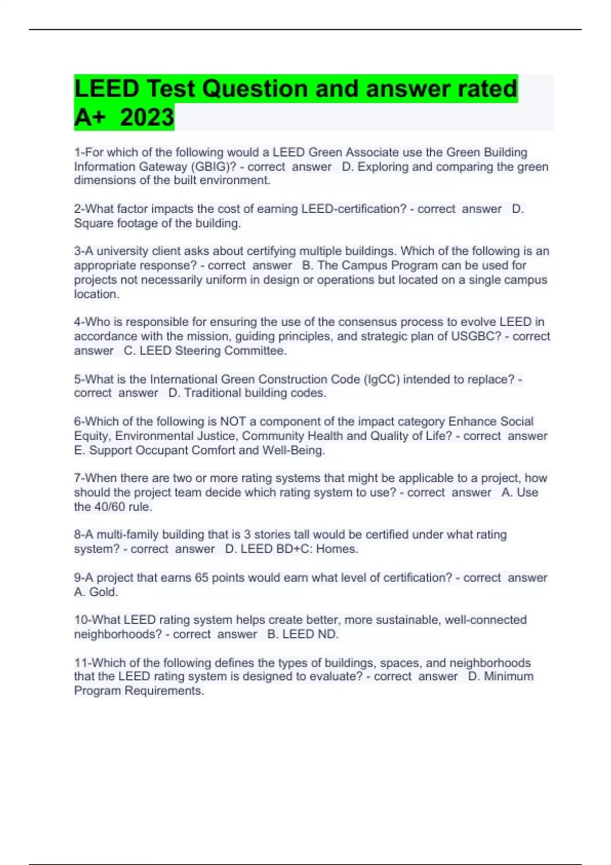 LEED Test Question and answer rated A+ 2023 - LEED - Stuvia US