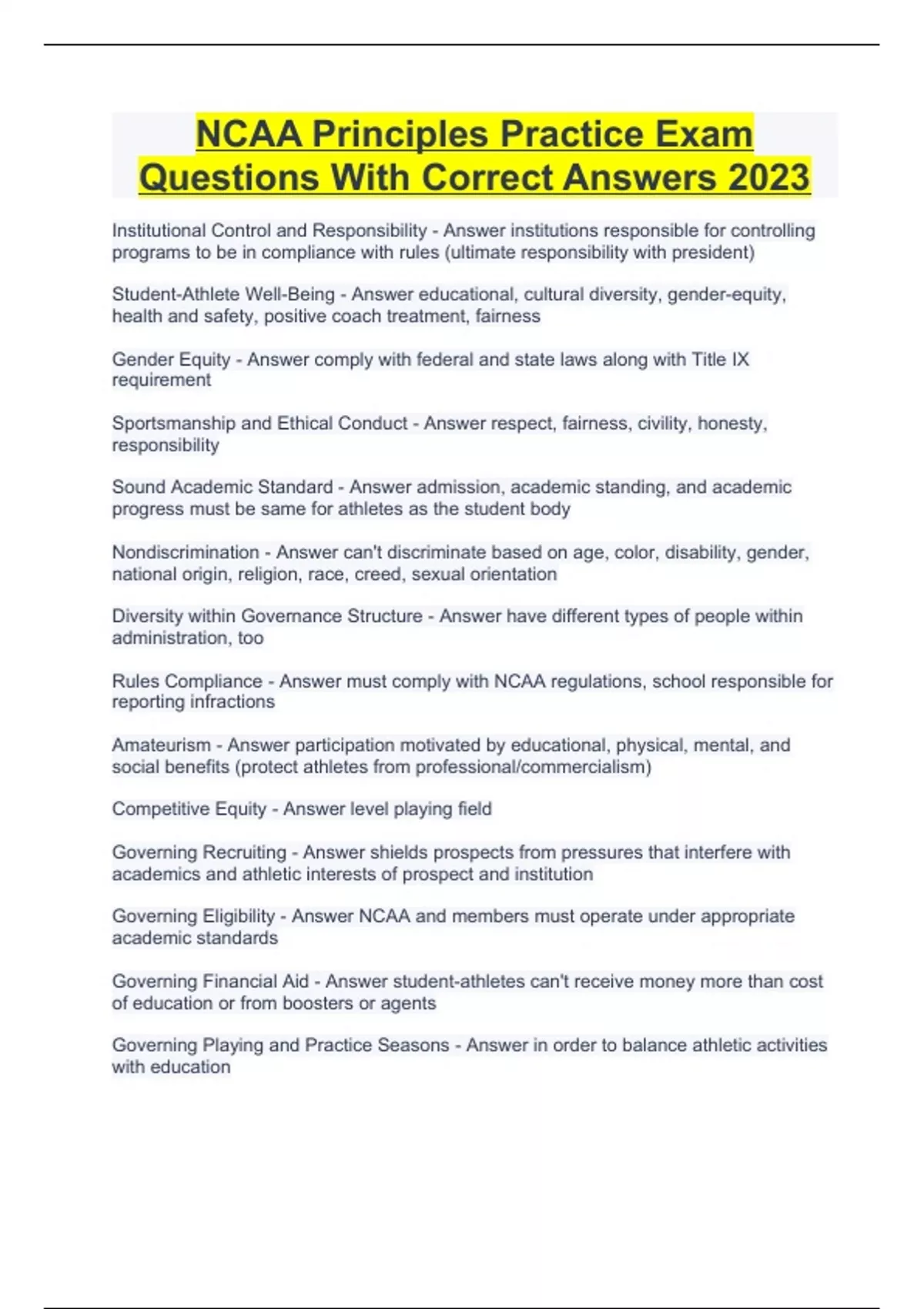 NCAA Principles Practice Exam Questions With Correct Answers 2023 ...