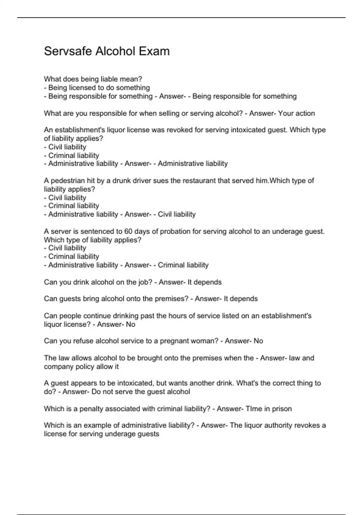 Servsafe Alcohol Exam - Servsafe Alcohol - Stuvia US