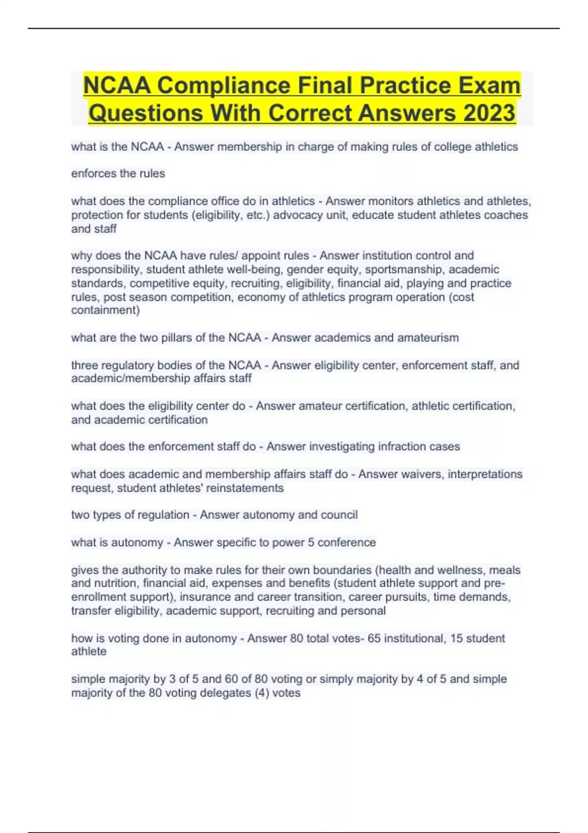 NCAA Compliance Final Practice Exam Questions With Correct Answers 2023 ...