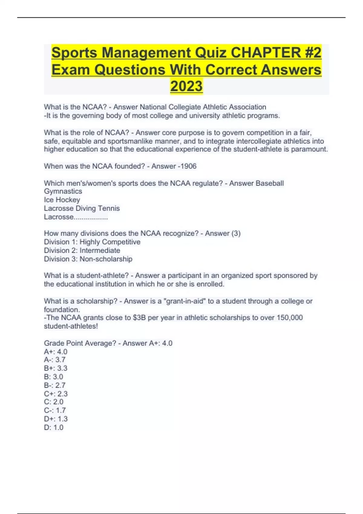 Sports Management Quiz CHAPTER #2 Exam Questions With Correct Answers ...