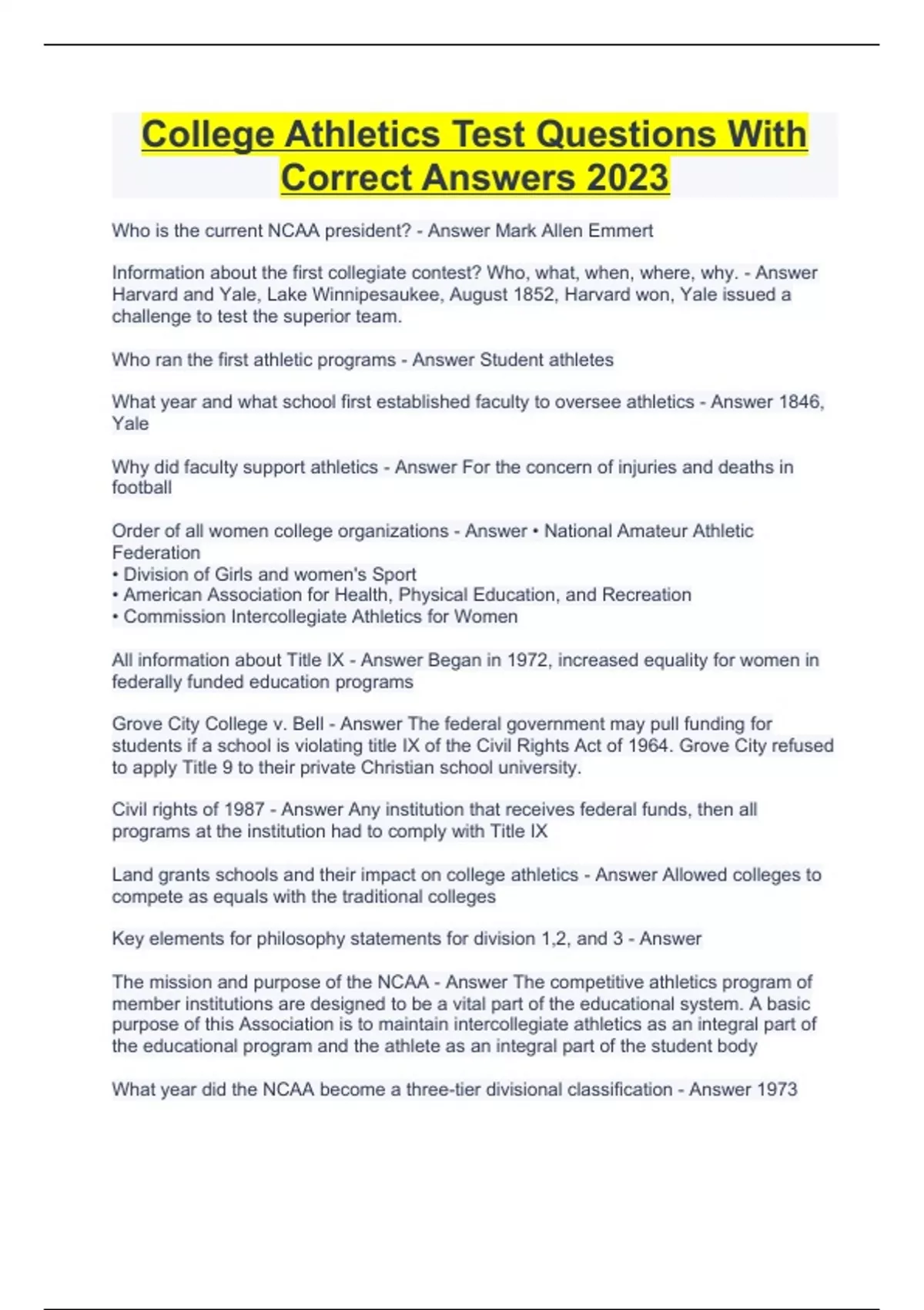 College Athletics Test Questions With Correct Answers 2023 - NCAA ...