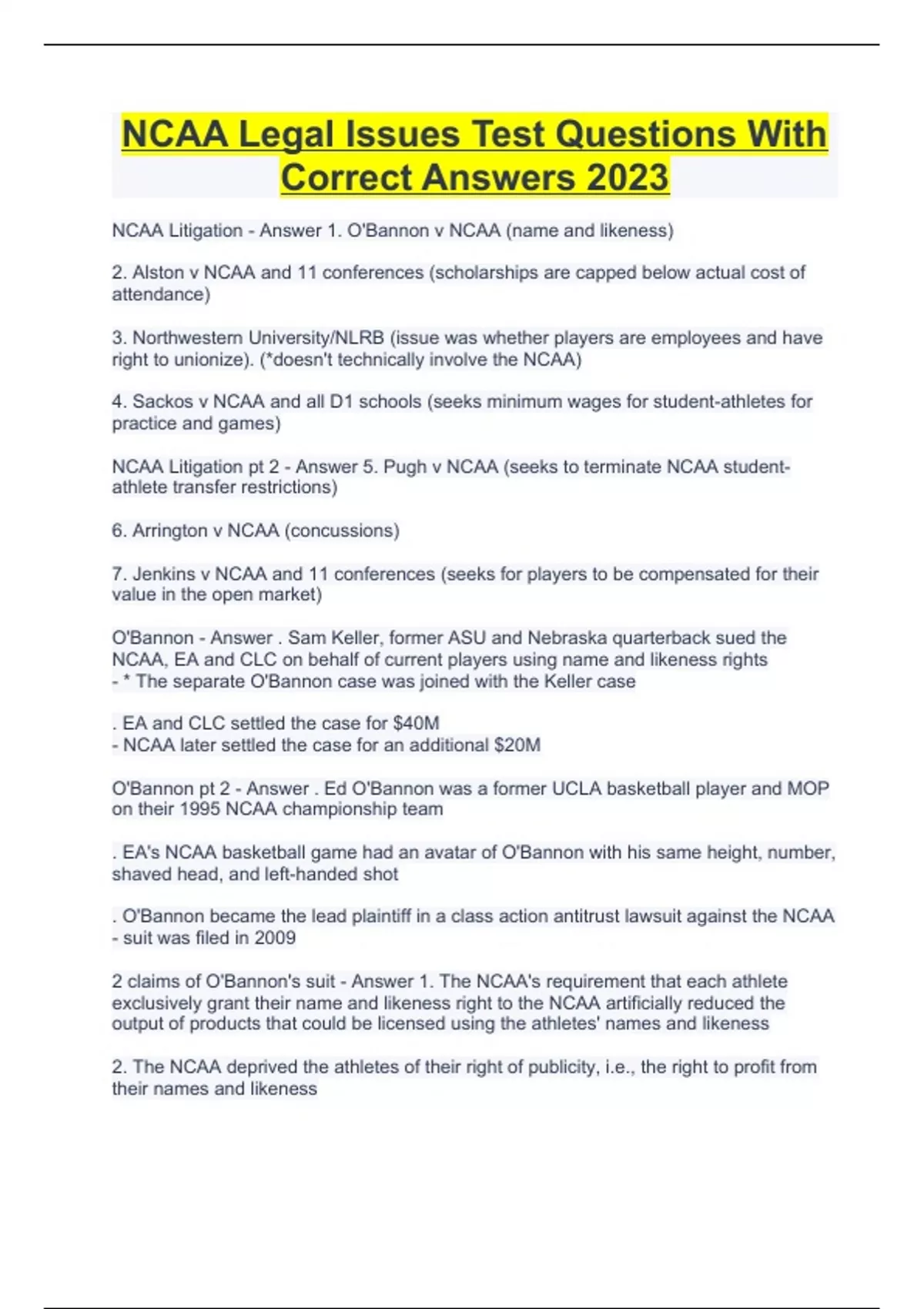 NCAA Legal Issues Test Questions With Correct Answers 2023 - NCAA ...
