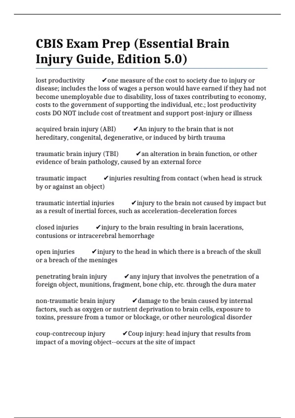 CBIS Exam Prep (Essential Brain Injury Guide, Edition 5.0) - CBIS - Stuvia US