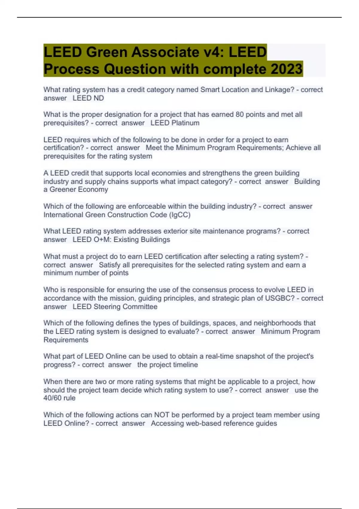 LEED Green Associate v4: LEED Process Question with complete 2023 ...