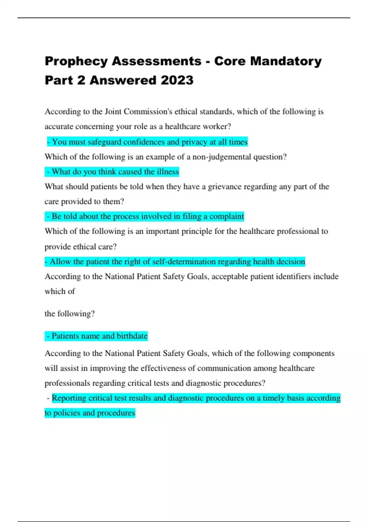 Prophecy Assessments - Core Mandatory Part 2 Answered - NURS 111 ...