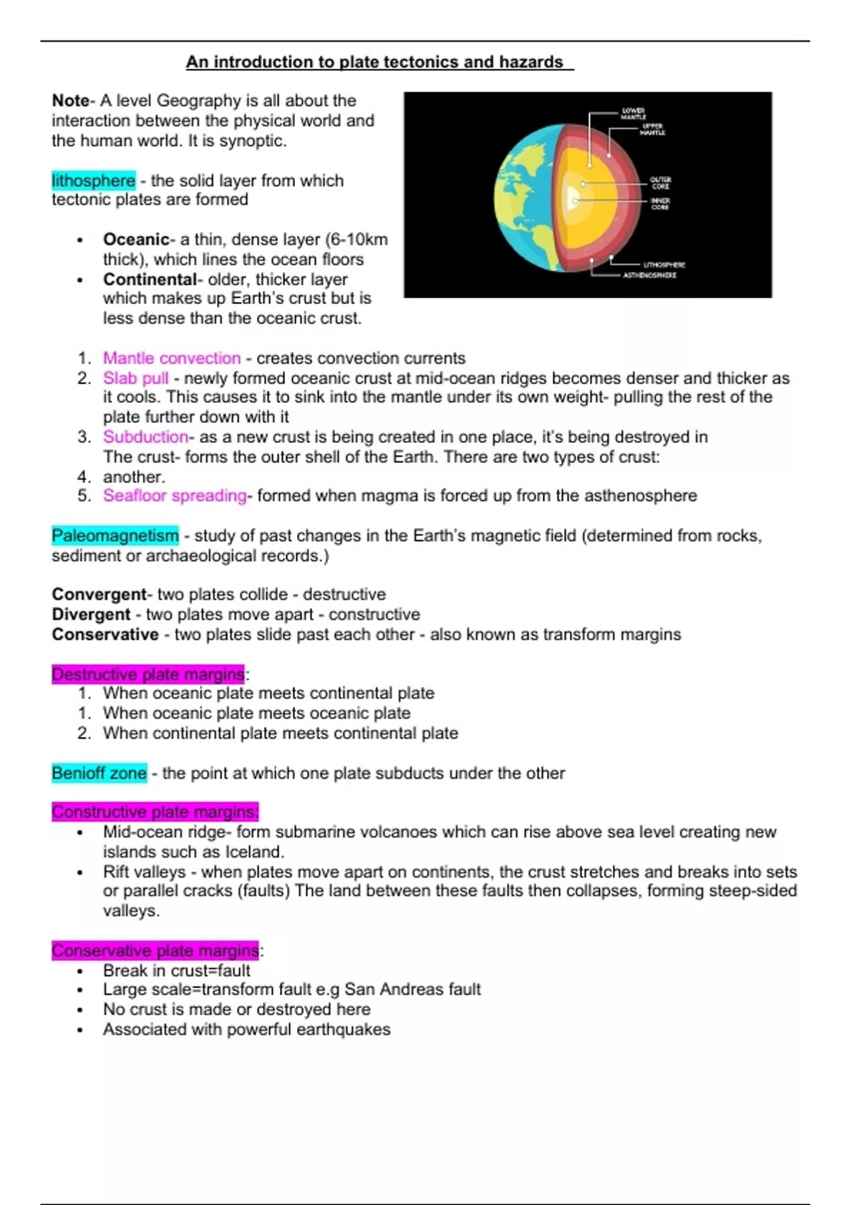 Summary Plate tectonics, Hazards and Vulnerability - Unit 1 - Dynamic ...