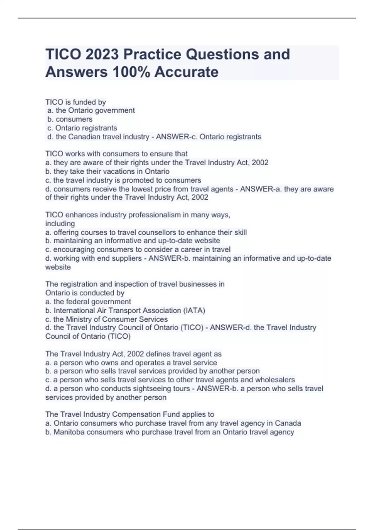 TICO 2023 Practice Questions and Answers 100% Accurate - TICO - Stuvia US