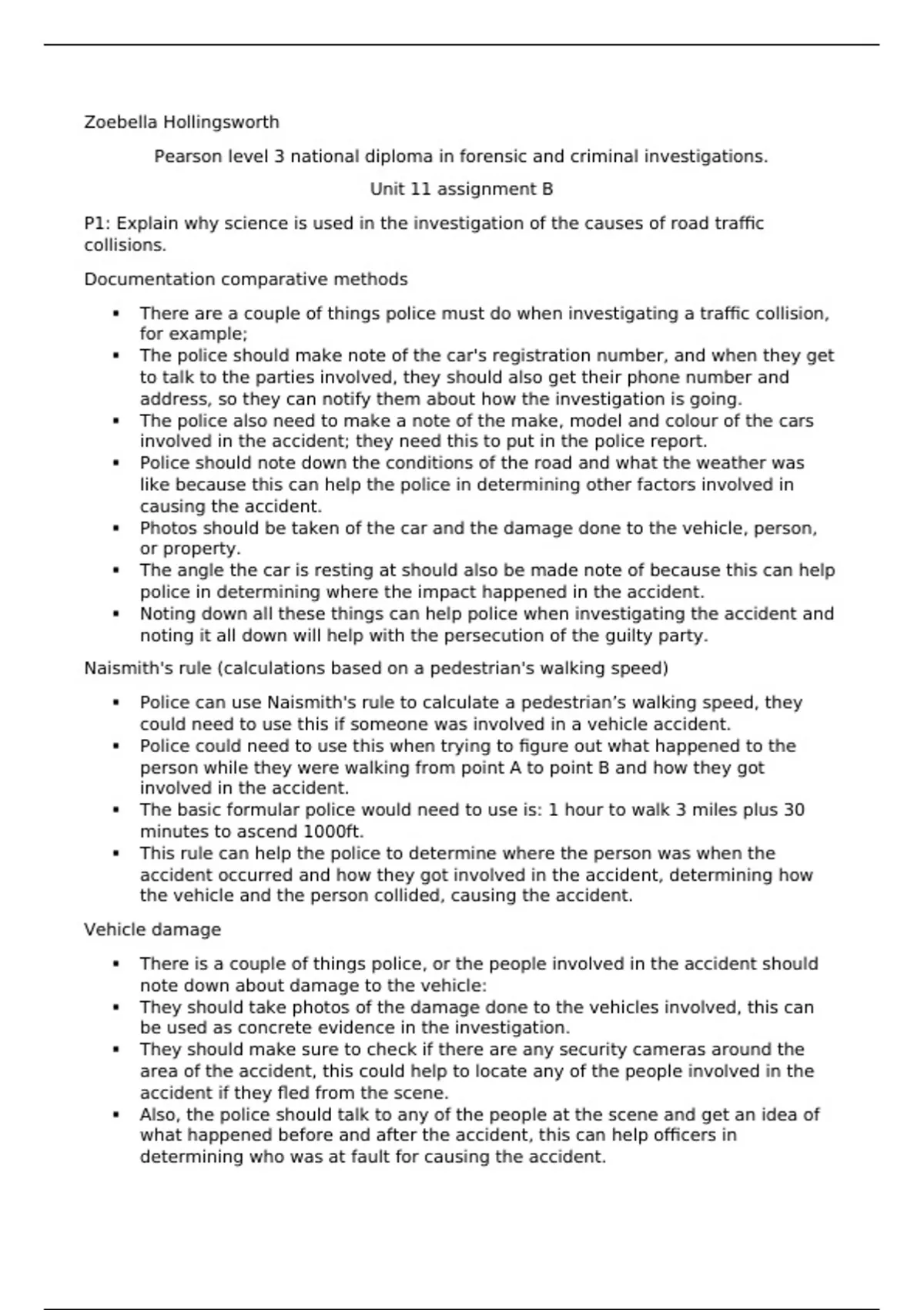 Unit 11 Assignment B Distinction Unit 11 Forensic Traffic Collision Investigation Stuvia Uk