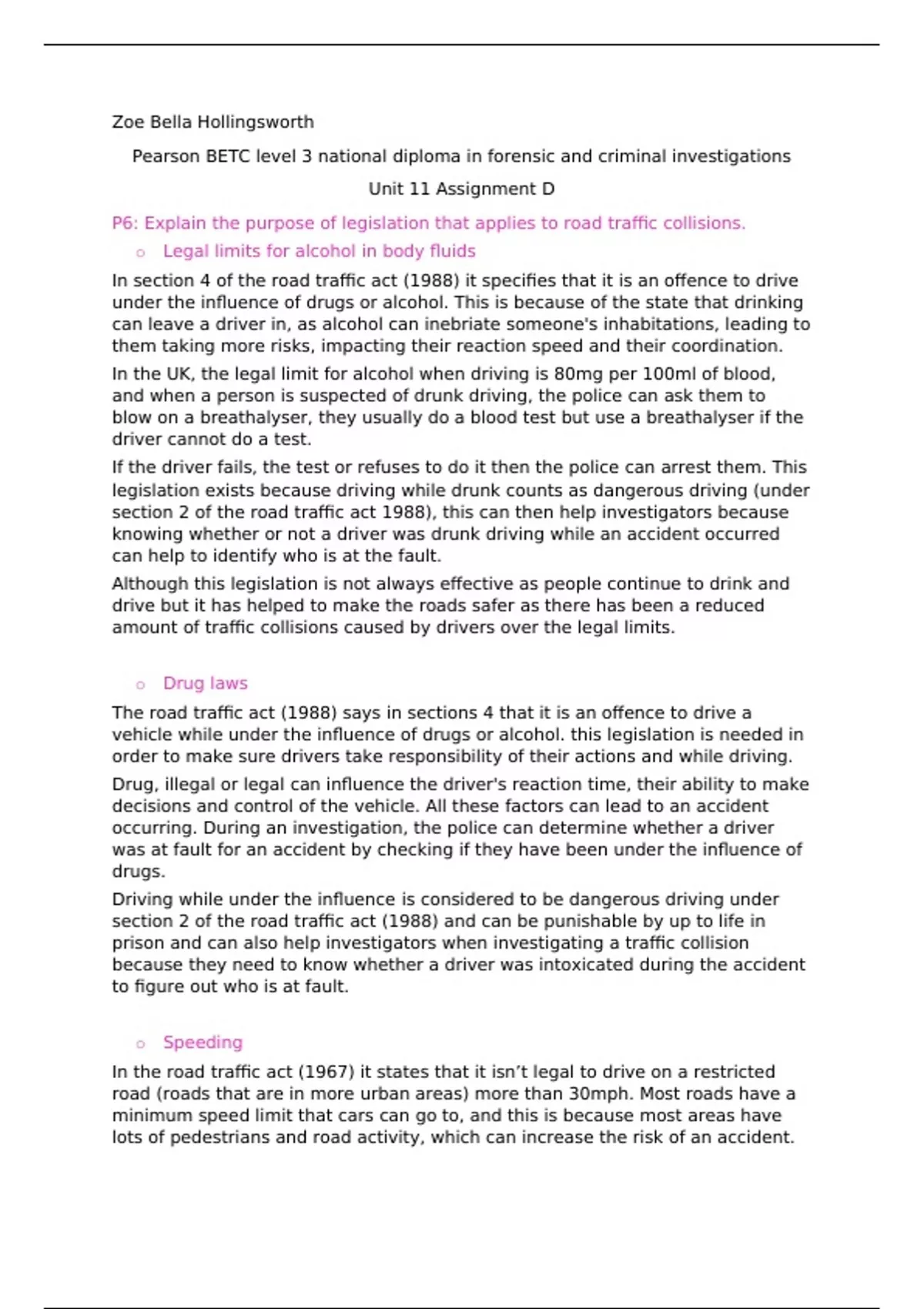Unit 11 Assignment D Distinction Unit 11 Forensic Traffic Collision Investigation Stuvia Uk
