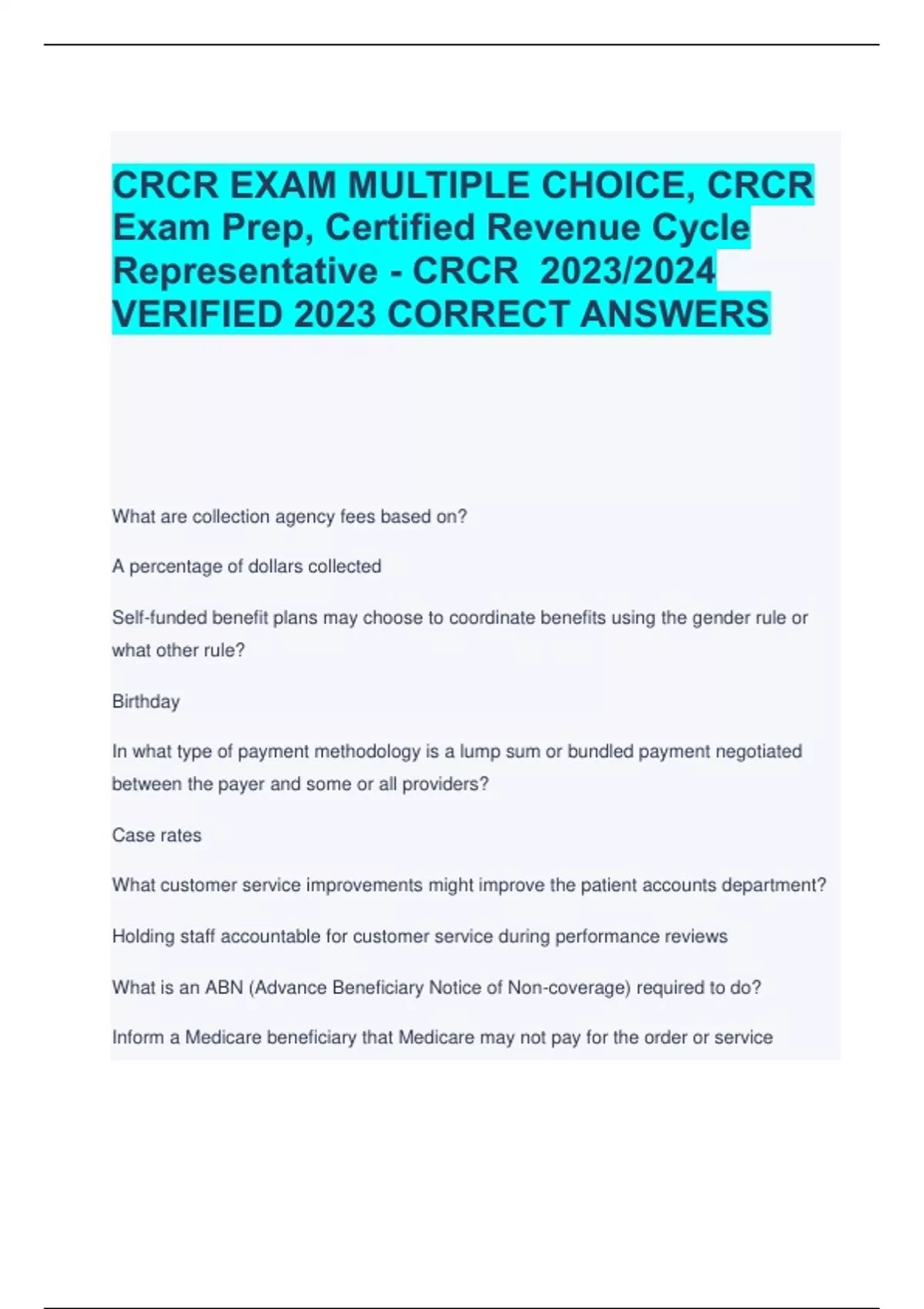 CRCR EXAM MULTIPLE CHOICE, CRCR Exam Prep, Certified Revenue Cycle ...