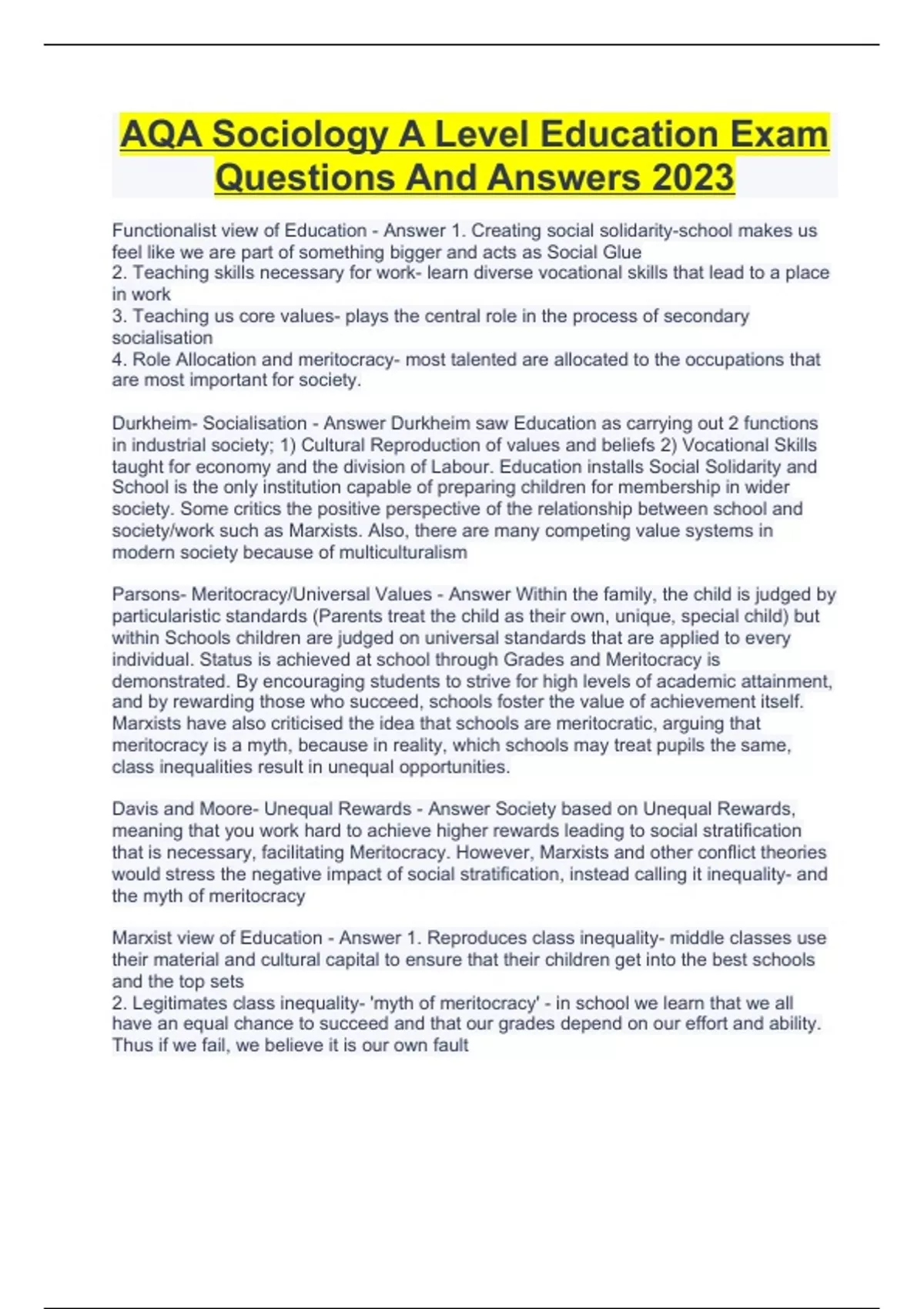 AQA Sociology A Level Education Exam Questions And Answers 2023 - AQA ...