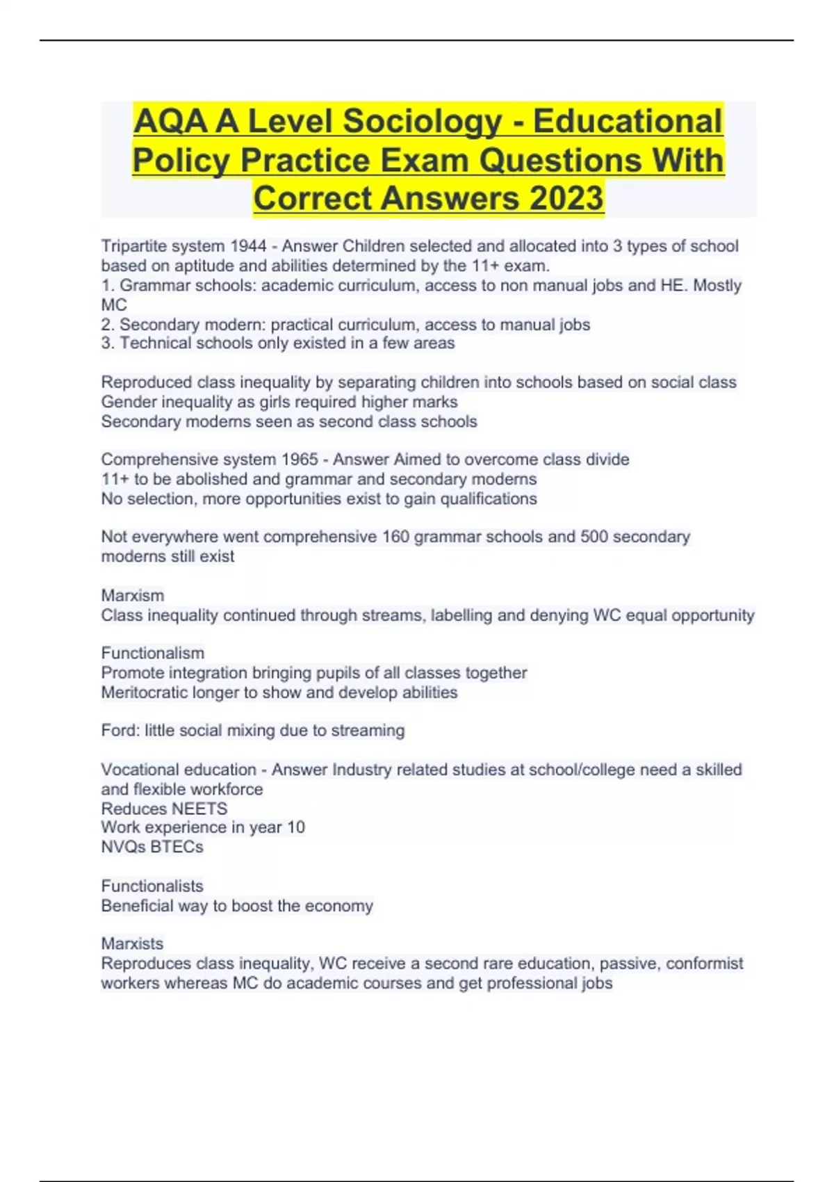 AQA A Level Sociology - Educational Policy Practice Exam Questions With ...