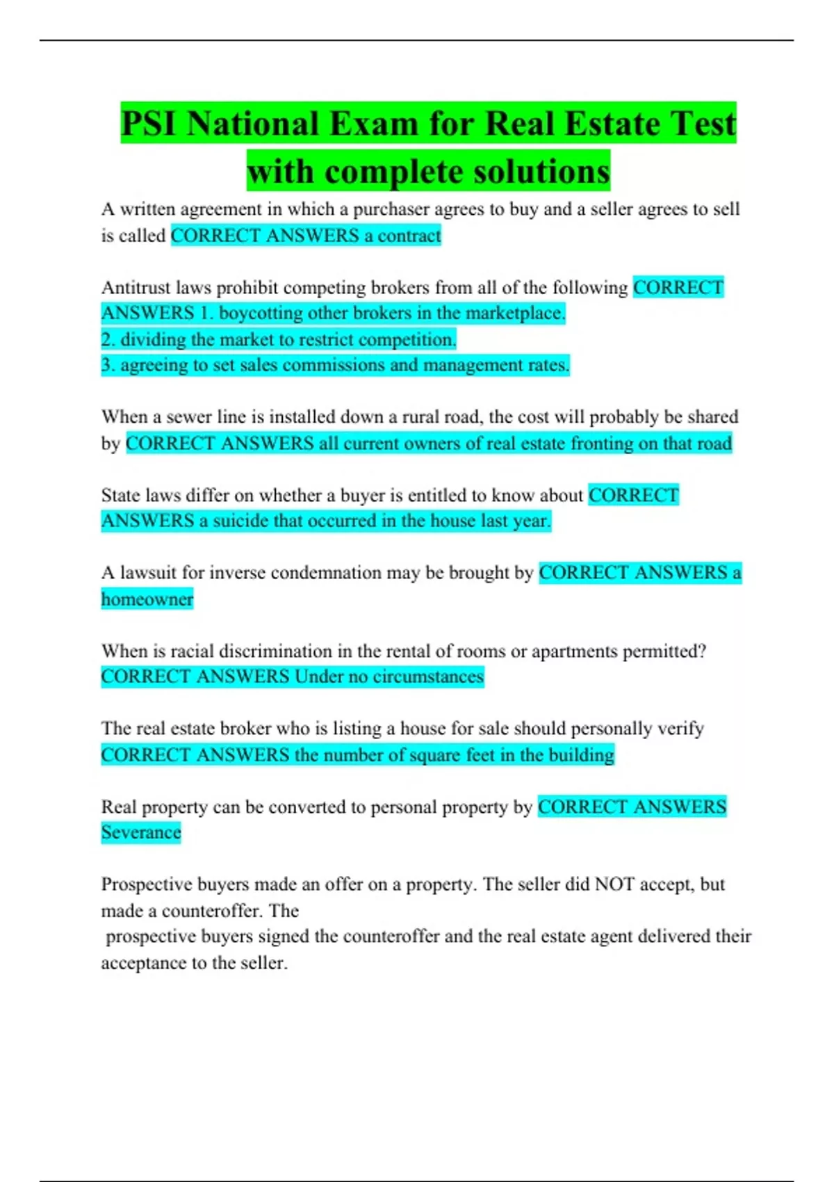 PSI National Exam for Real Estate Test with complete solutions ...