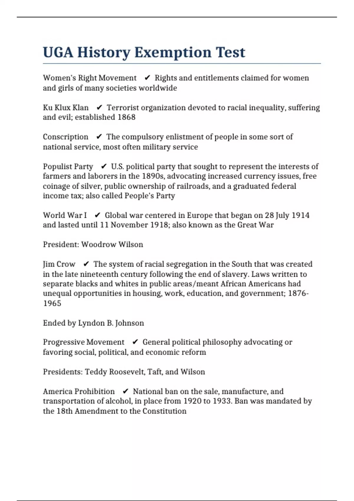 UGA History Exemption Test** - UGA History Exemption Test** - Stuvia