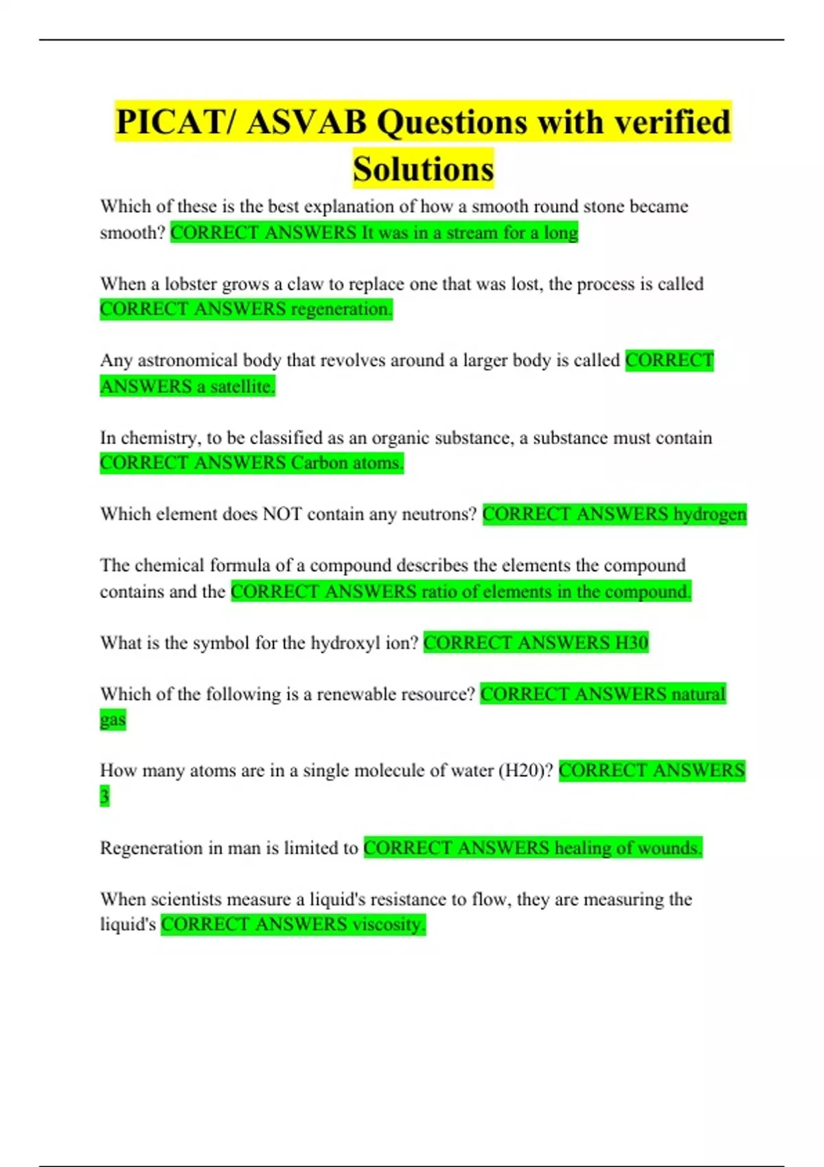 PICAT/ASVAB Questions with verified Solutions - PICAT/ASVAB - Stuvia US
