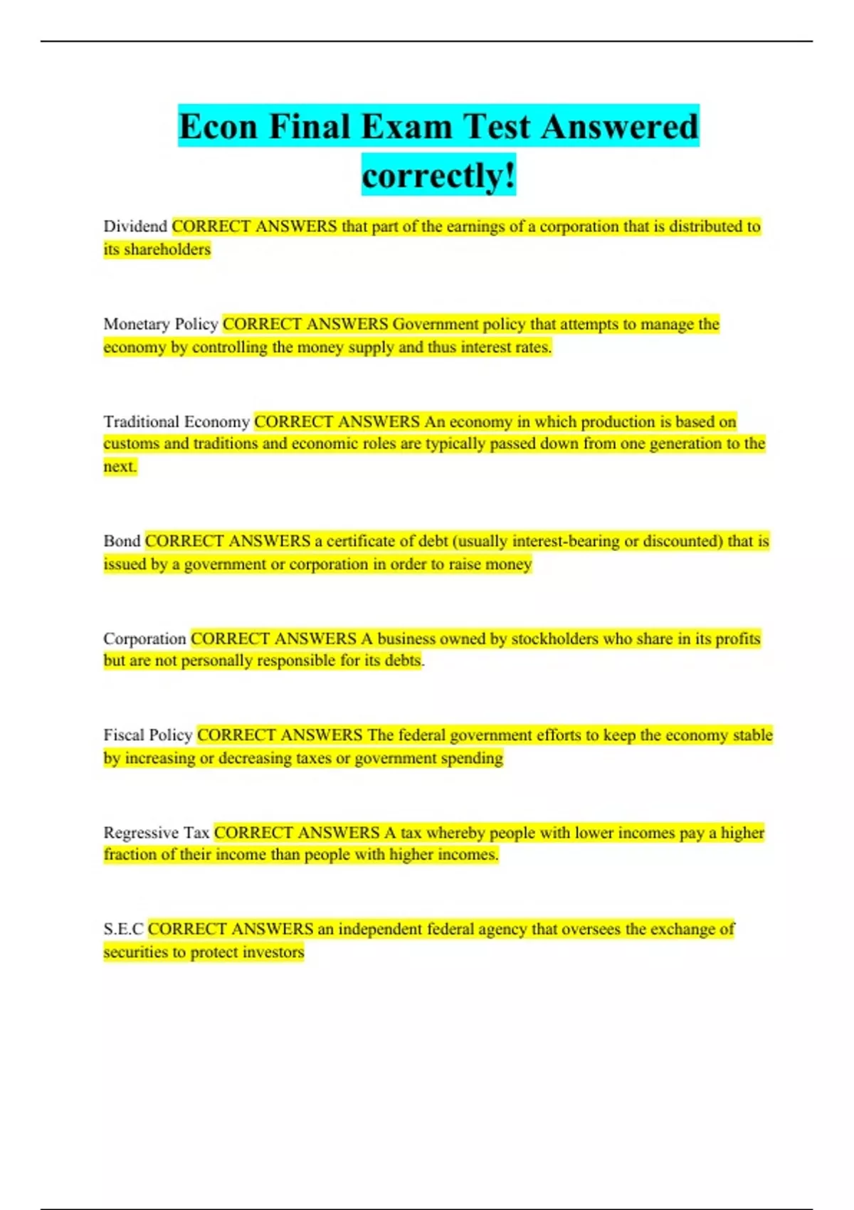 Econ Final Exam Test Answered correctly! - Economics - Stuvia US