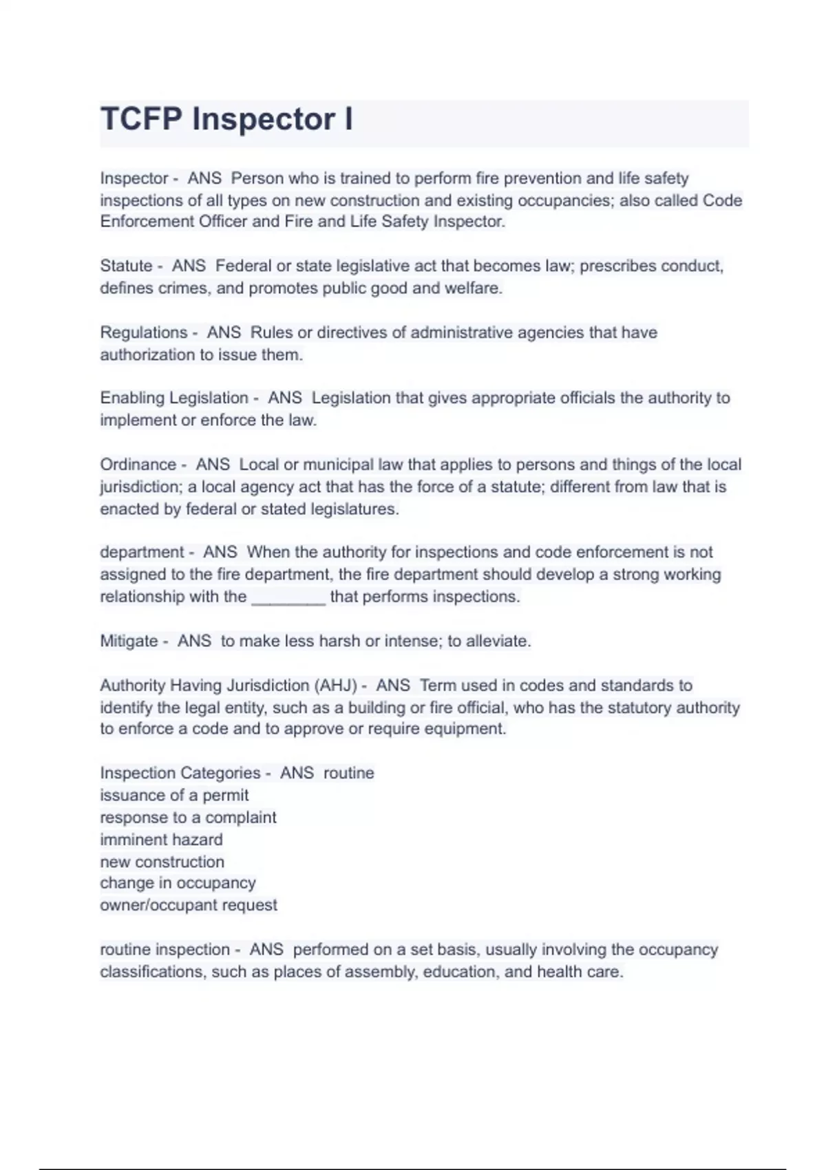 TCFP Inspector I Questions and Answers (2022/2023) (Verified Answers ...