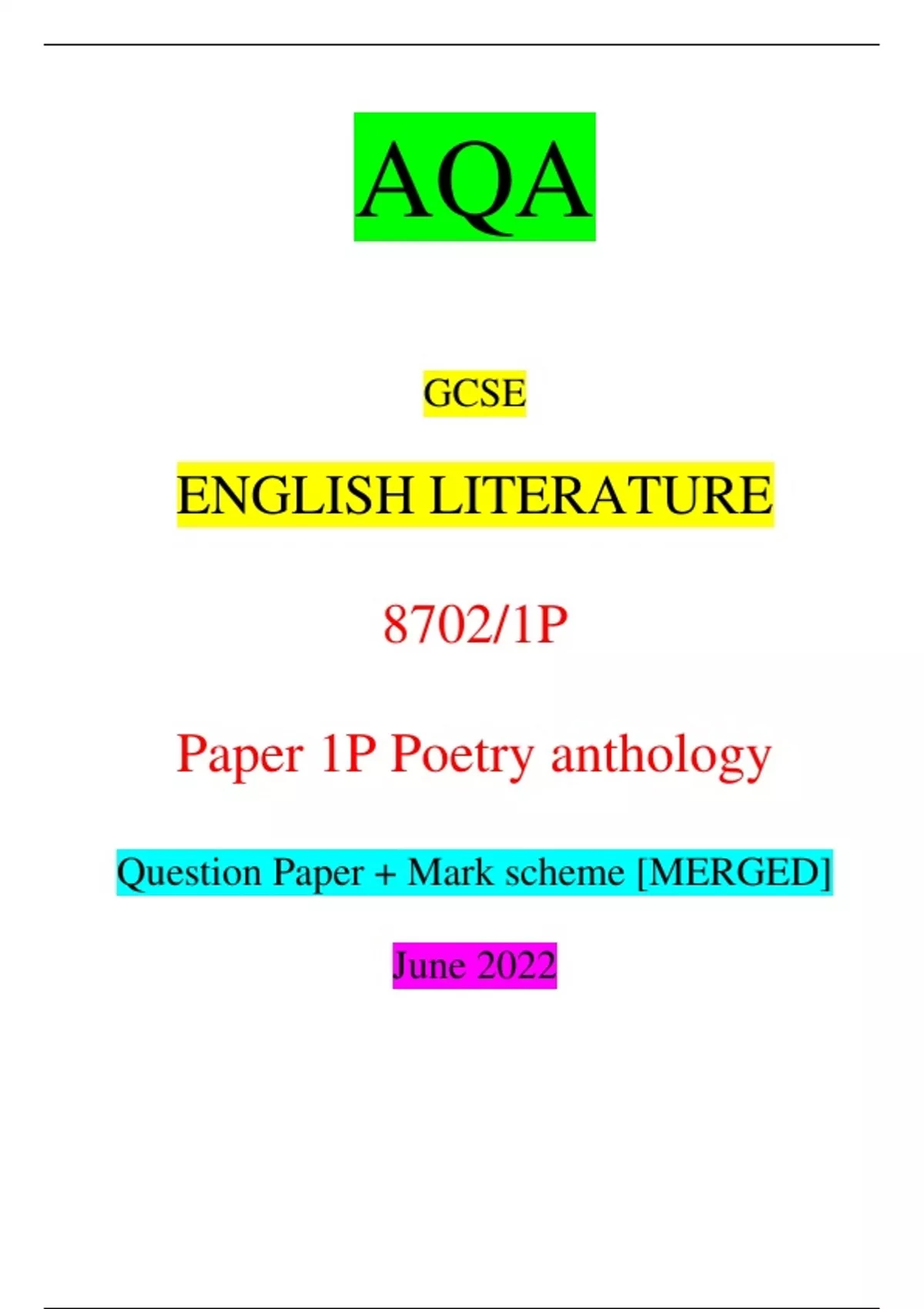 AQA GCSE ENGLISH LITERATURE 8702/1P Paper 1P Poetry anthology Question ...