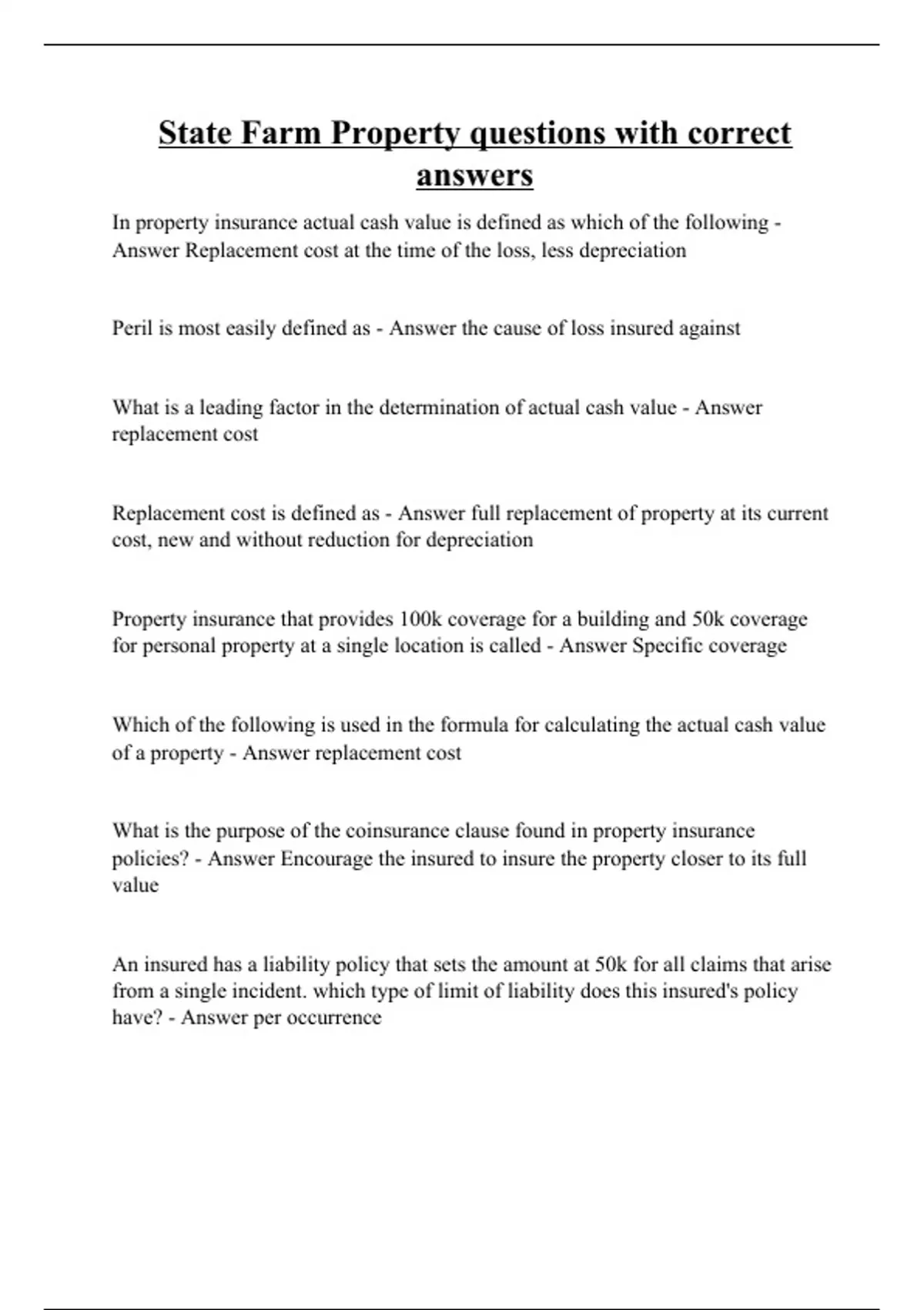 State Farm Property questions with correct answers - State Farm - Stuvia US
