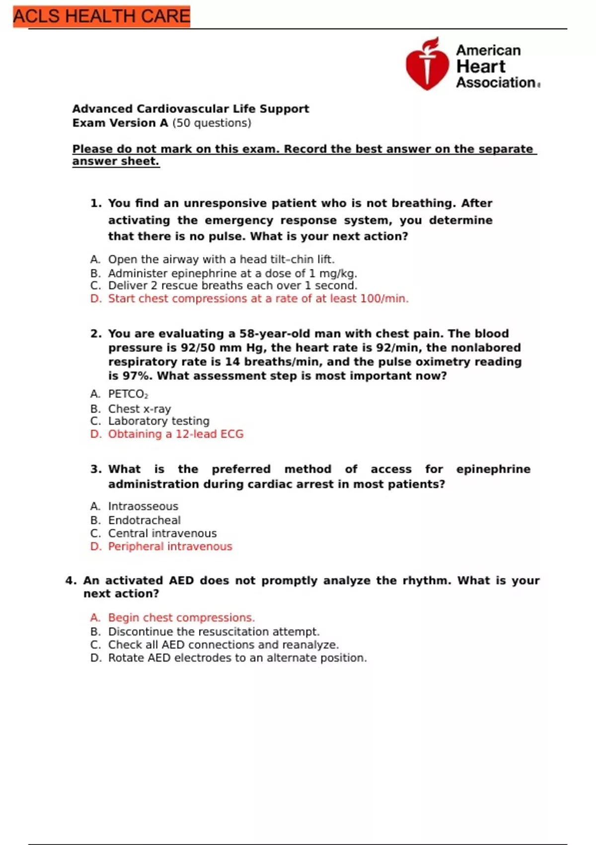 ACLS QUESTIONS AND ANSWERS Advanced Cardiovascular Life Support Exam ...