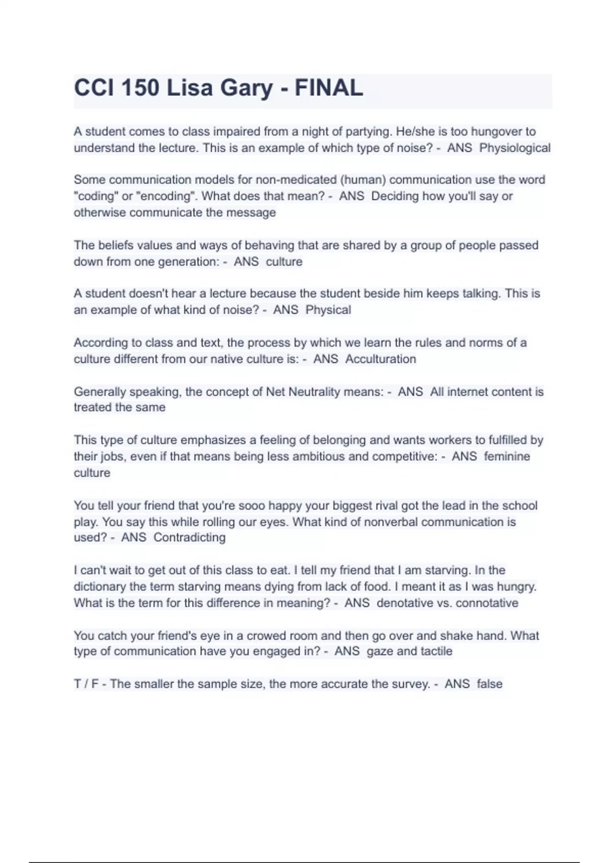 CCI 150 Lisa Gary - FINALCCI 150 Lisa Gary - FINAL EXAM QUESTIONS PLUS ...